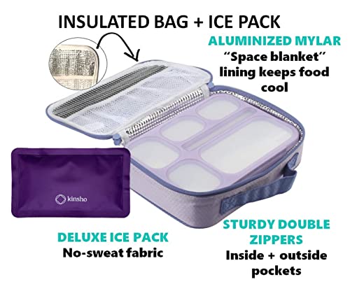 Bento Box with Bag and Ice Pack Set for Kids. Lunch Boxes Snack Containers for Boys Girls Adults. 6 Compartments, Leakproof Portion Container Boxes Insulated Bags for School Lunches, BPA Free, Lilac