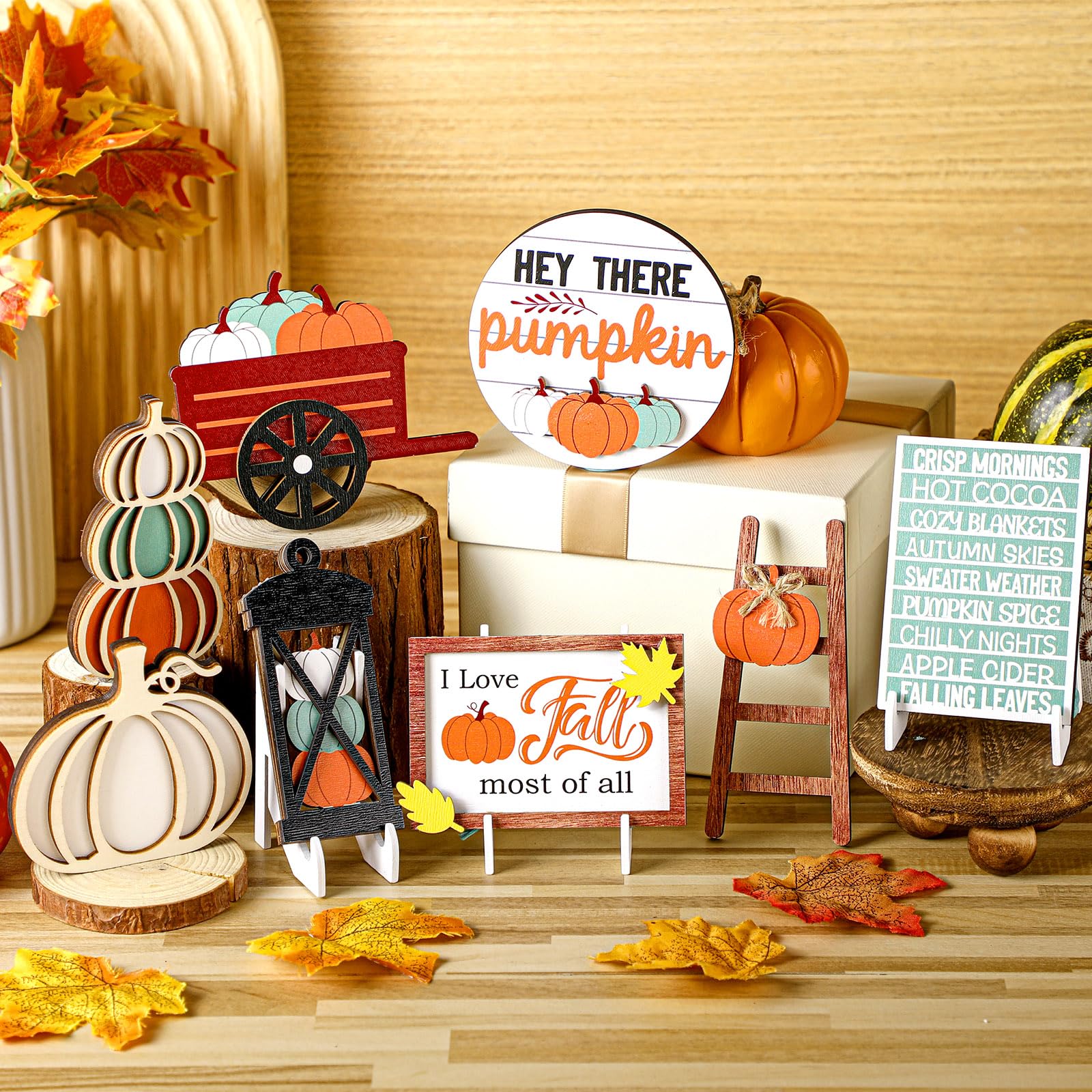 Thyle 8 Pack Fall Tiered Tray Decor Set Autumn Pumpkins Rustic Farmhouse Decor Wooden Blue Pumpkin Tabletop Signs Thanksgiving Tiered Tray Decor for Home Thanksgiving Autumn