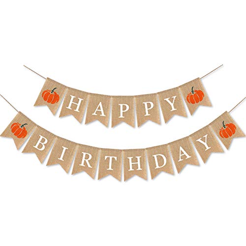 SWYOUN Burlap Happy Birthday Banner with Pumpkin Birthday Party Bunting Garland Supplies