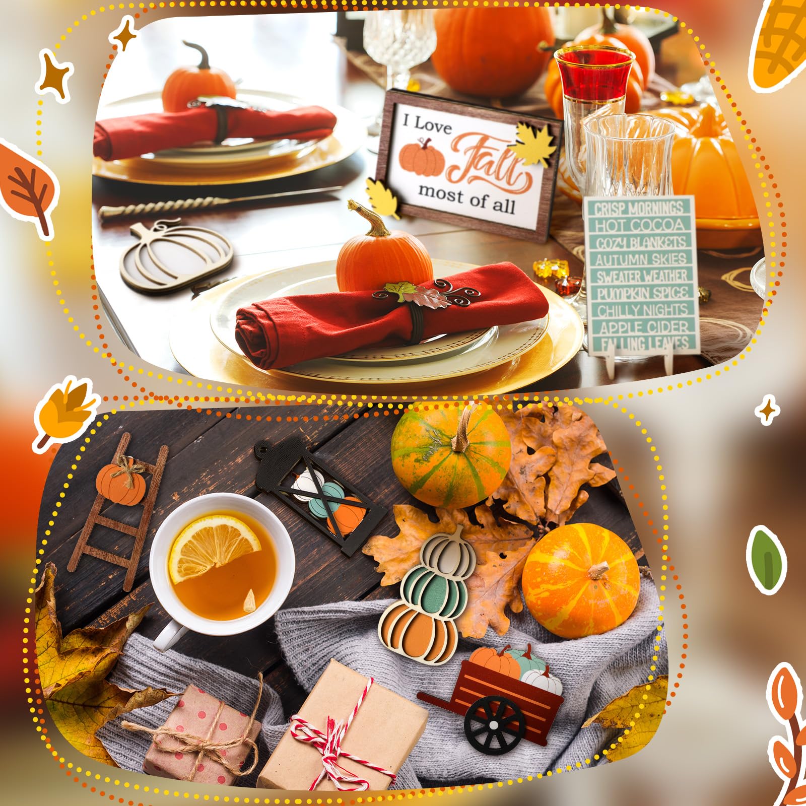Thyle 8 Pack Fall Tiered Tray Decor Set Autumn Pumpkins Rustic Farmhouse Decor Wooden Blue Pumpkin Tabletop Signs Thanksgiving Tiered Tray Decor for Home Thanksgiving Autumn