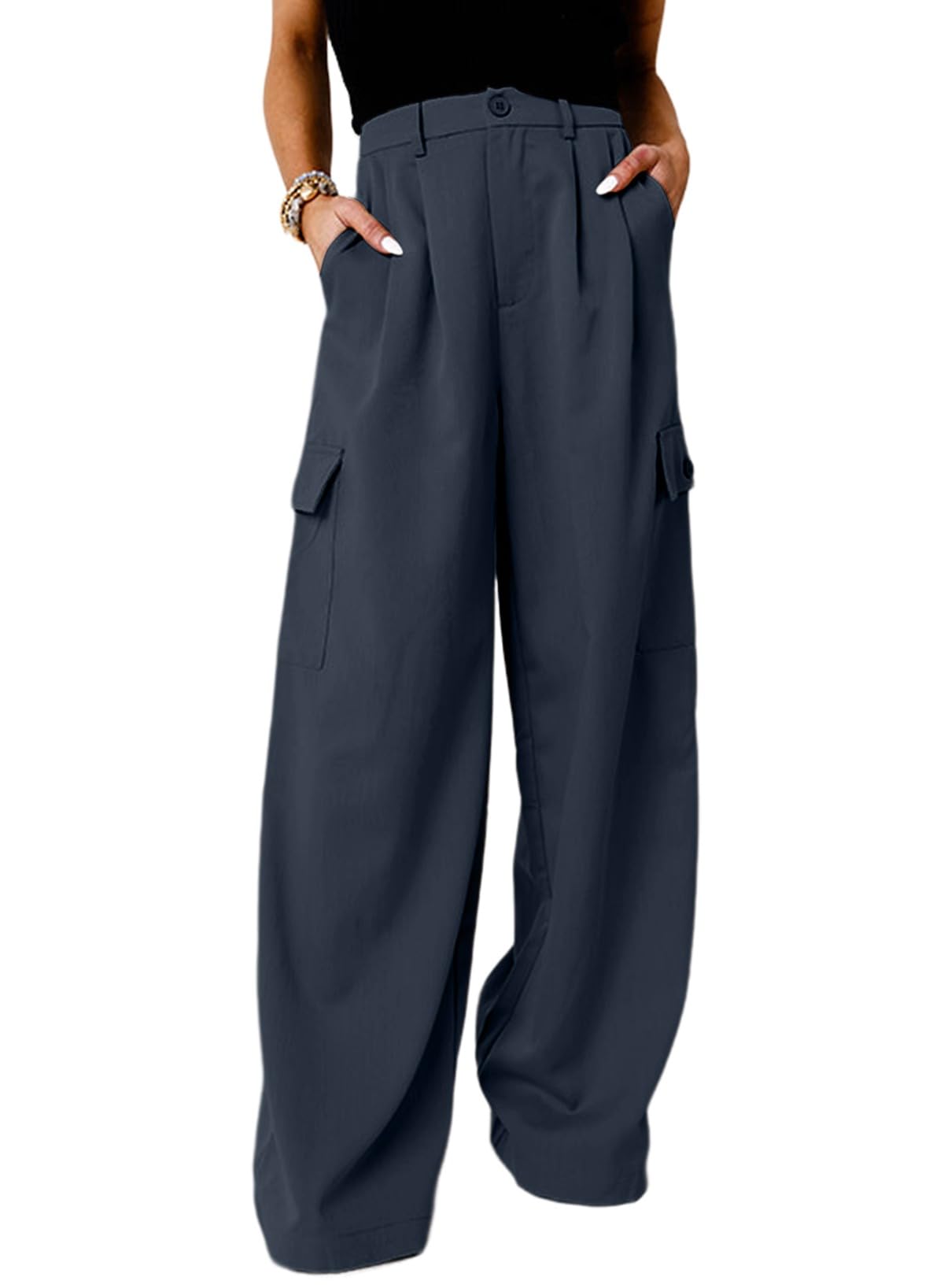 Dokotoo Women's High Waisted Baggy Wide Leg Pants - Mom Boyfriend Cargo Jeans for Women - Trendy Casual 2024 Trouser - 4 Pockets - Gray
