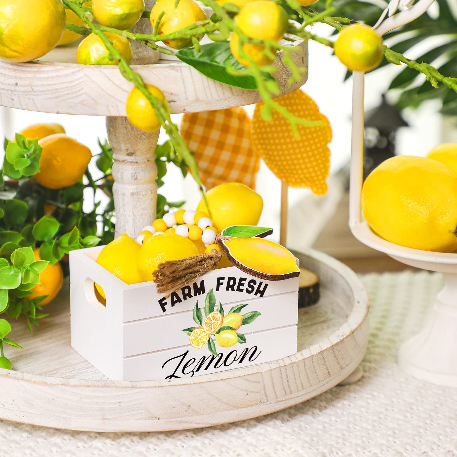 Qunclay Lemon Mini Crate Summer Tiered Tray Decor with 8 Faux Lemons with Wood Bead Tassel Farmhouse Lemonade Kitchen Decorations Summertime Wood Crate for Party Decor