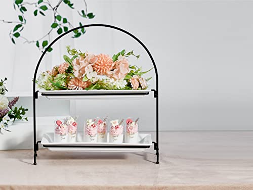 ONEMORE 2-Tier Large Serving Tray, Collapsible Arch Food Display Two Tiered Tray Stand with Rectangular Ceramic Platters Perfect for Parties and Entertaining - Bright White
