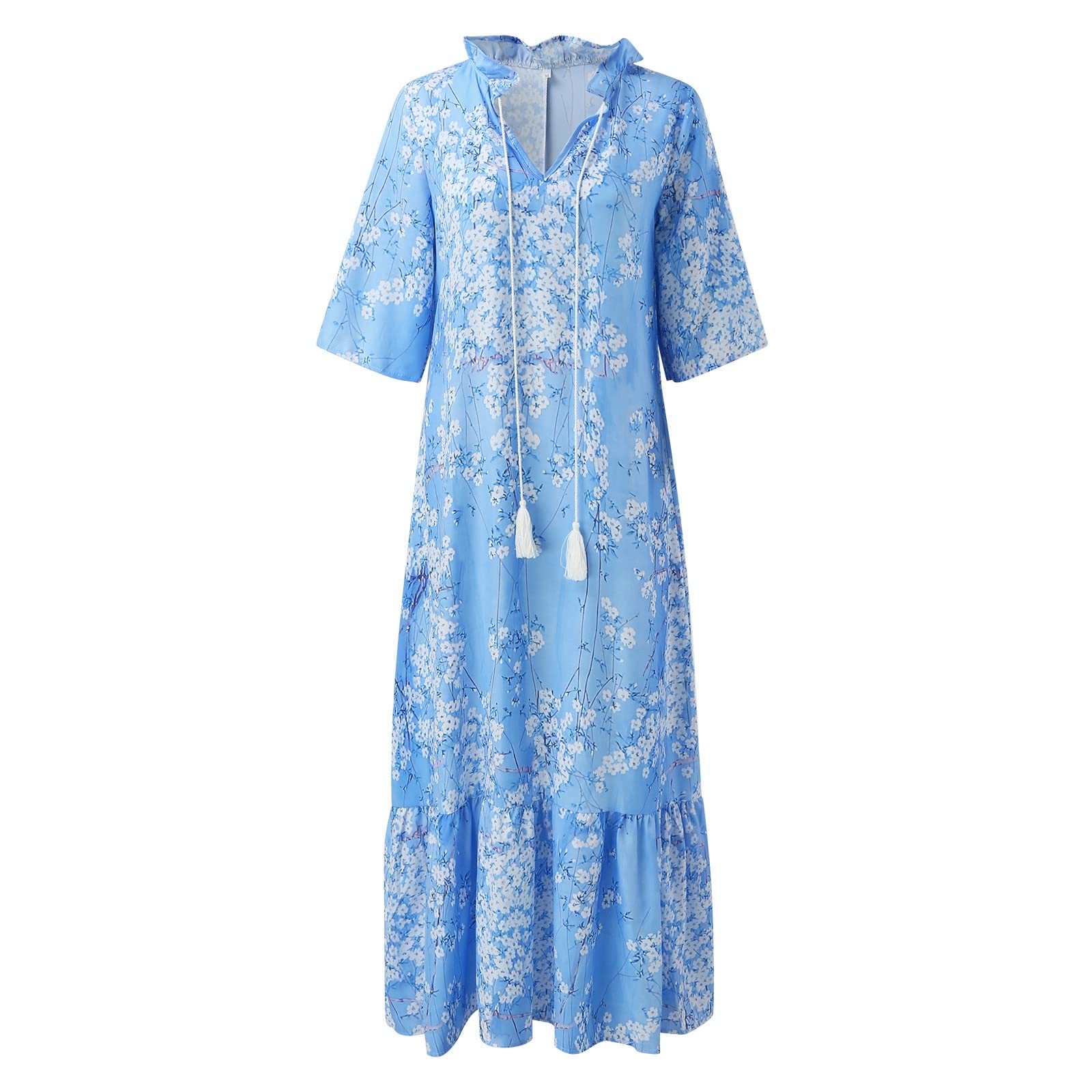 Cnebo Boho Dresses for Women 2023 New Women's Medium and Long Sleeve Dress with Tassels Wide Bohemian Print V Neck Length Blue