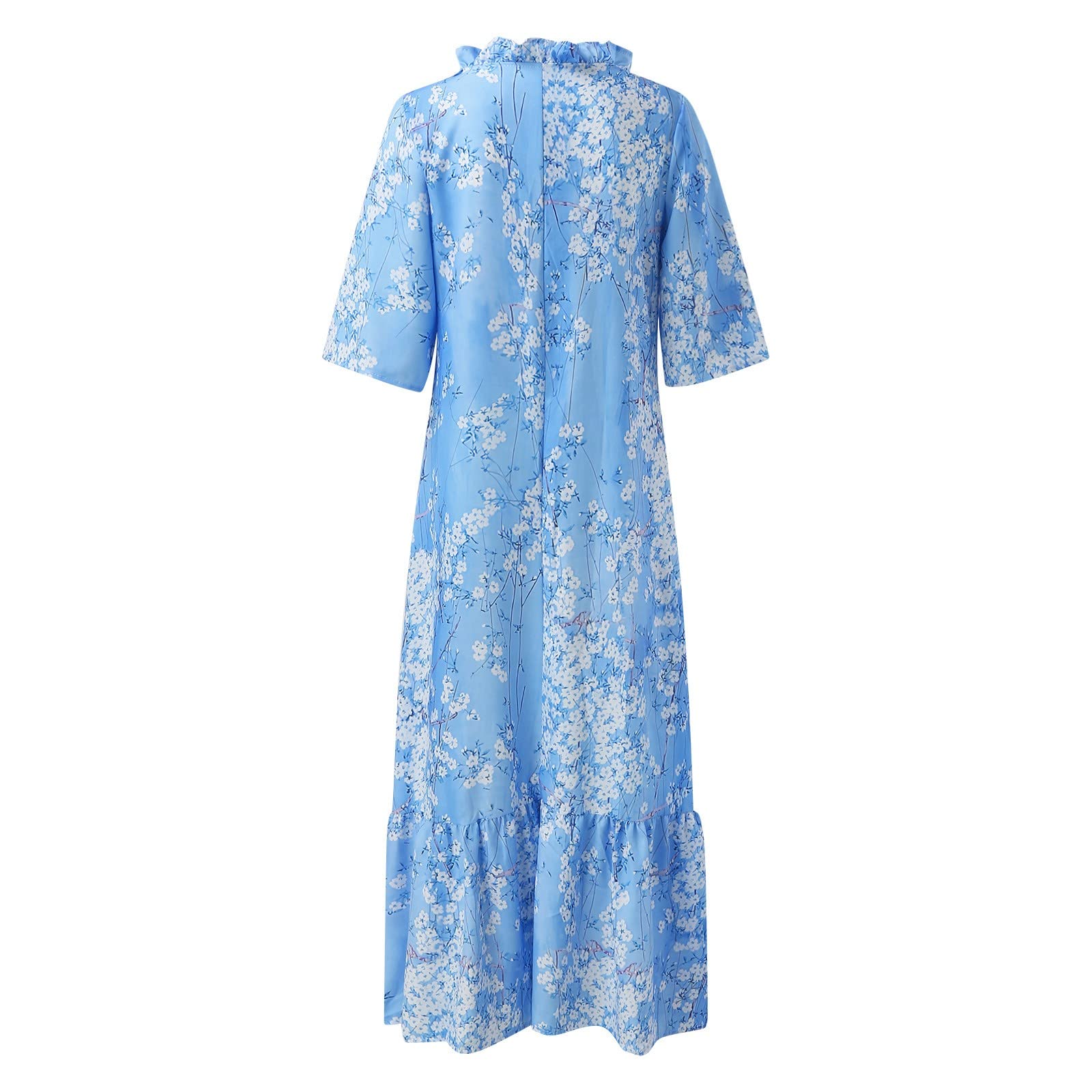 Cnebo Boho Dresses for Women 2023 New Women's Medium and Long Sleeve Dress with Tassels Wide Bohemian Print V Neck Length Blue