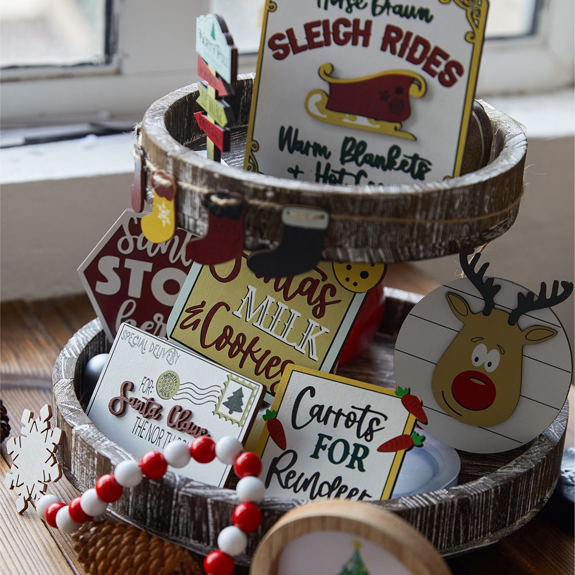2PCS Christmas Tiered Tray Decor, Tiered Tray Christmas Decor Set, Tiered Tray Decoration, Christmas Wood Signs Christmas Decorations New Year Holiday Decor