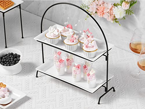 ONEMORE 2-Tier Large Serving Tray, Collapsible Arch Food Display Two Tiered Tray Stand with Rectangular Ceramic Platters Perfect for Parties and Entertaining - Bright White