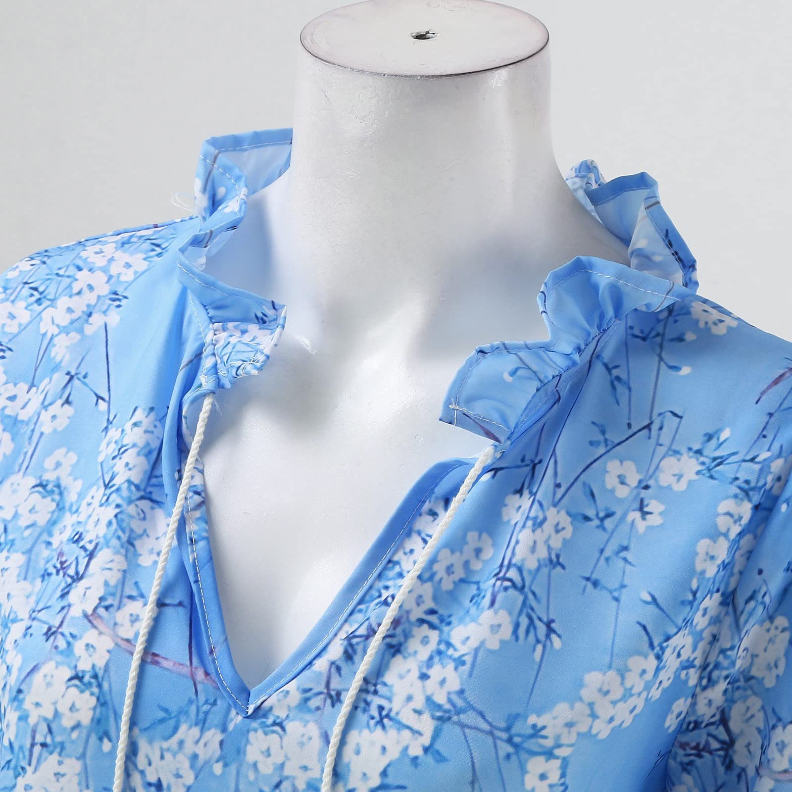 Cnebo Boho Dresses for Women 2023 New Women's Medium and Long Sleeve Dress with Tassels Wide Bohemian Print V Neck Length Blue