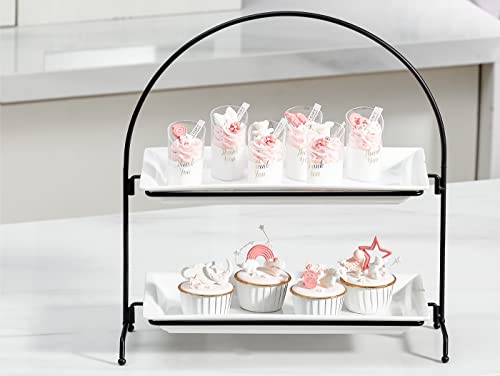 ONEMORE 2-Tier Large Serving Tray, Collapsible Arch Food Display Two Tiered Tray Stand with Rectangular Ceramic Platters Perfect for Parties and Entertaining - Bright White