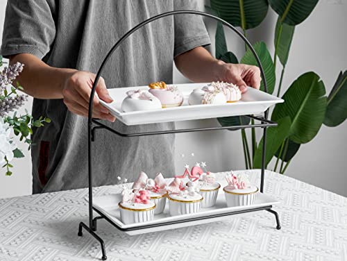 ONEMORE 2-Tier Large Serving Tray, Collapsible Arch Food Display Two Tiered Tray Stand with Rectangular Ceramic Platters Perfect for Parties and Entertaining - Bright White