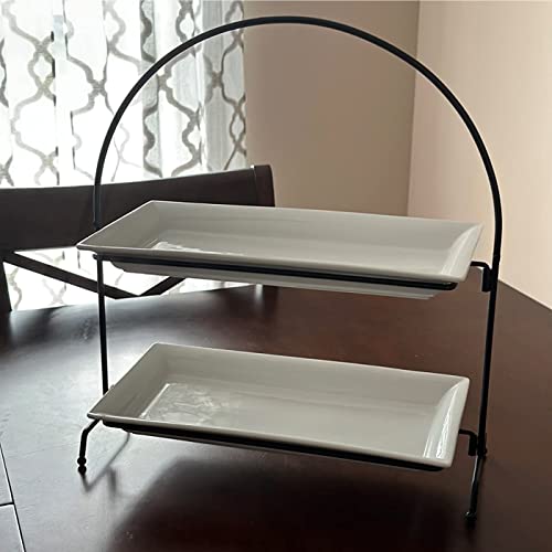ONEMORE 2-Tier Large Serving Tray, Collapsible Arch Food Display Two Tiered Tray Stand with Rectangular Ceramic Platters Perfect for Parties and Entertaining - Bright White