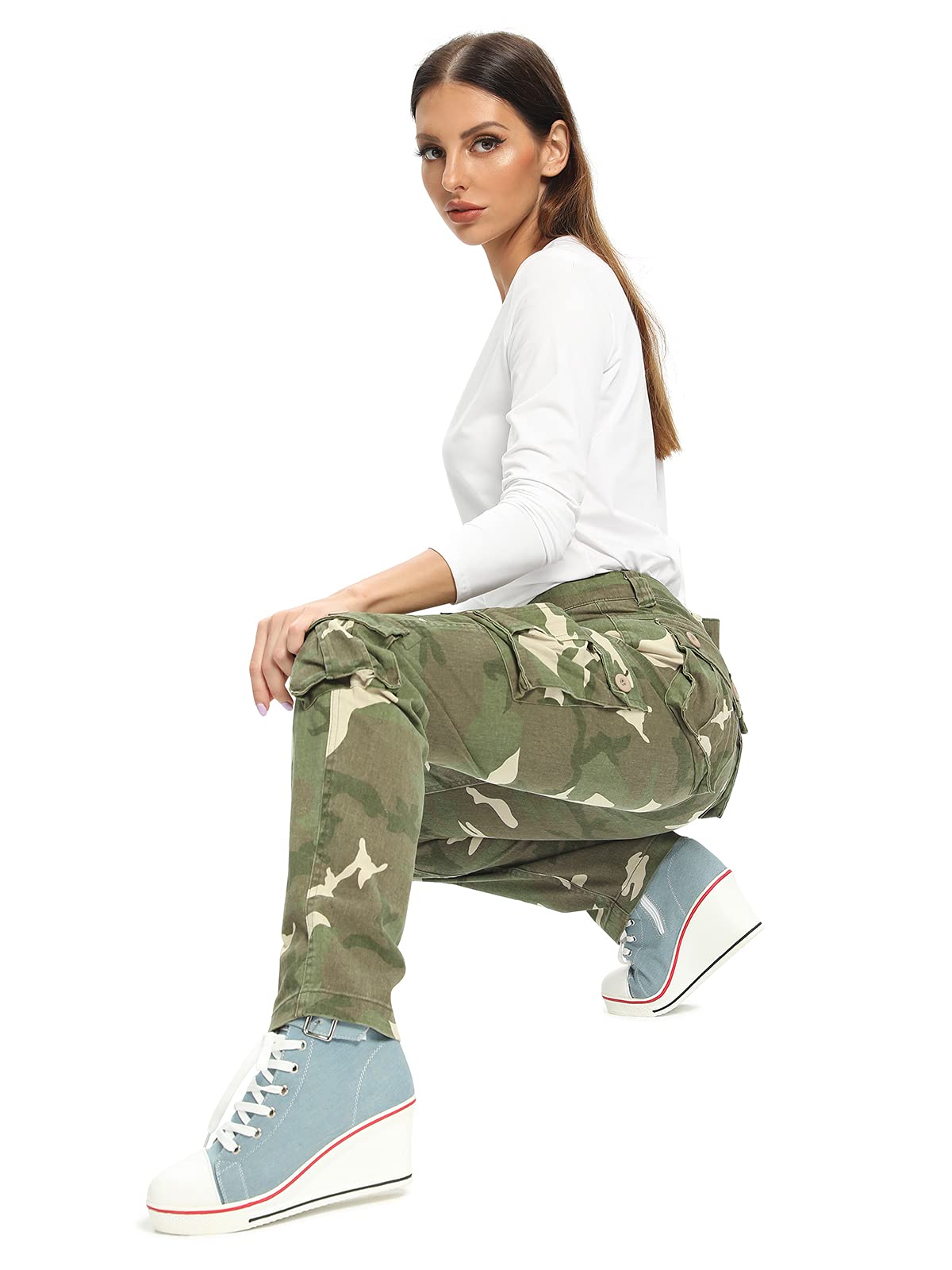 Mesinsefra Womens Cargo Pants with Pockets Outdoor Casual Ripstop Camo Military Combat Construction Work Pants Camo 34-10