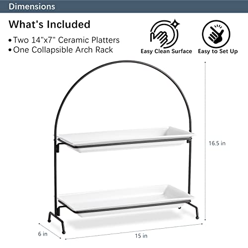 ONEMORE 2-Tier Large Serving Tray, Collapsible Arch Food Display Two Tiered Tray Stand with Rectangular Ceramic Platters Perfect for Parties and Entertaining - Bright White