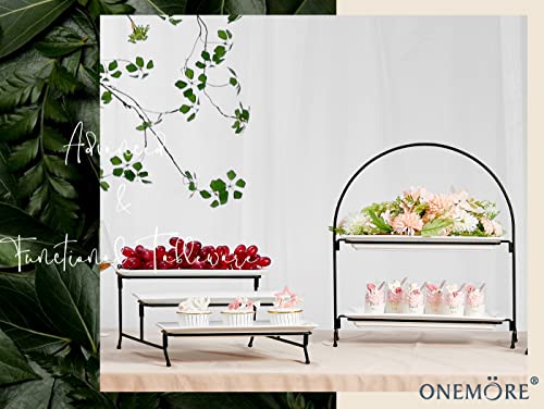 ONEMORE 2-Tier Large Serving Tray, Collapsible Arch Food Display Two Tiered Tray Stand with Rectangular Ceramic Platters Perfect for Parties and Entertaining - Bright White