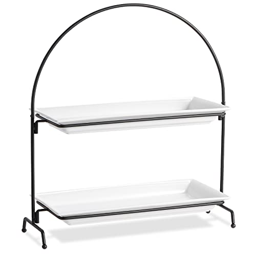 ONEMORE 2-Tier Large Serving Tray, Collapsible Arch Food Display Two Tiered Tray Stand with Rectangular Ceramic Platters Perfect for Parties and Entertaining - Bright White