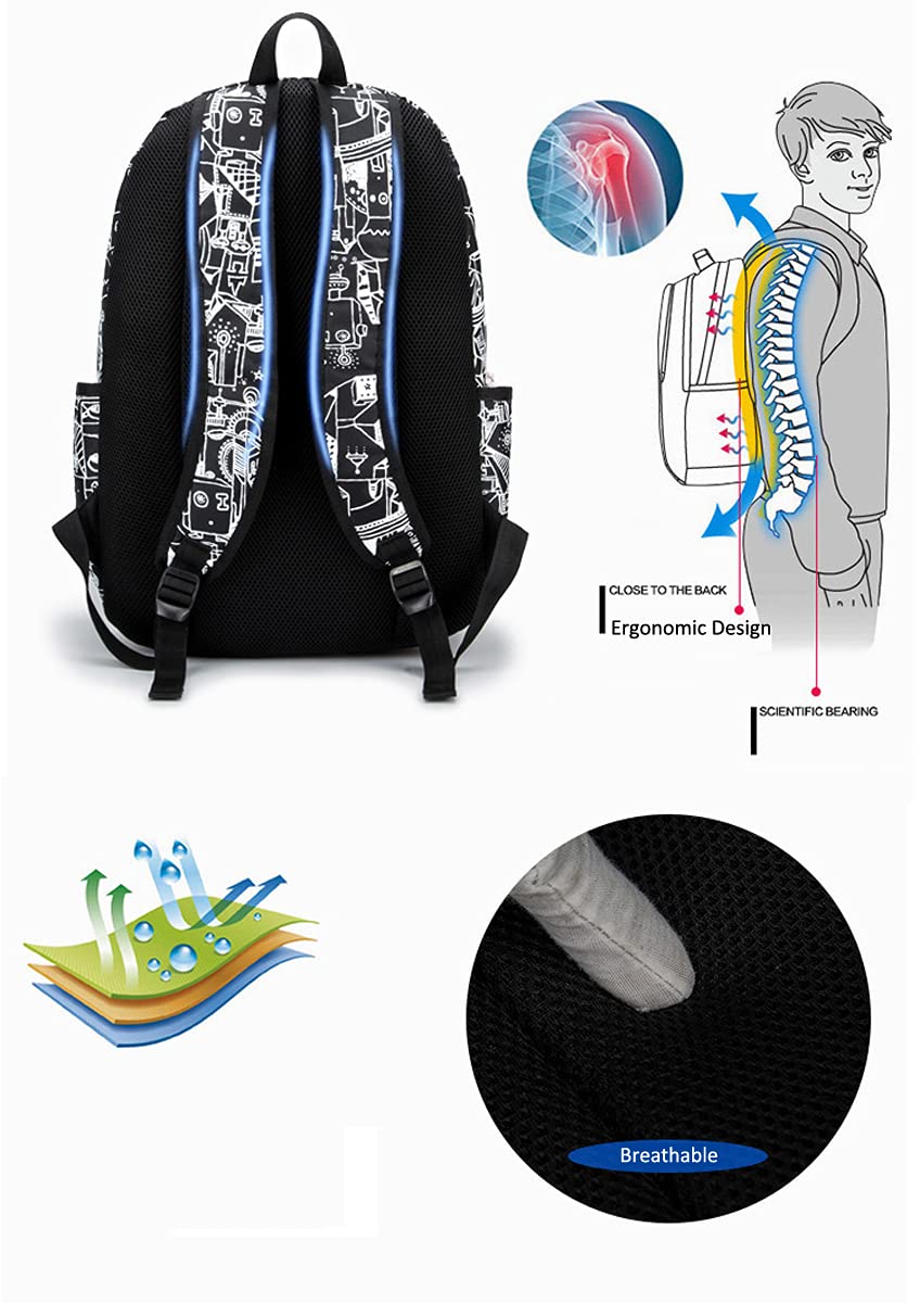 Ozmego Boys School Backpacks Midlle School College Bookbag for Teens Boys Girls (Black Print)
