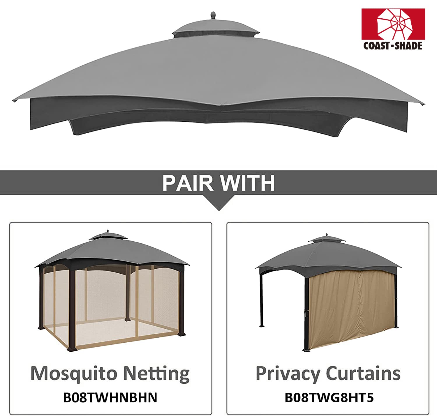 CoastShade Patio 10X12 Replacement Canopy Roof for Lowe's Allen Roth 10X12 Gazebo Backyard Double Top Gazebo #GF-12S004B-1(Gray)