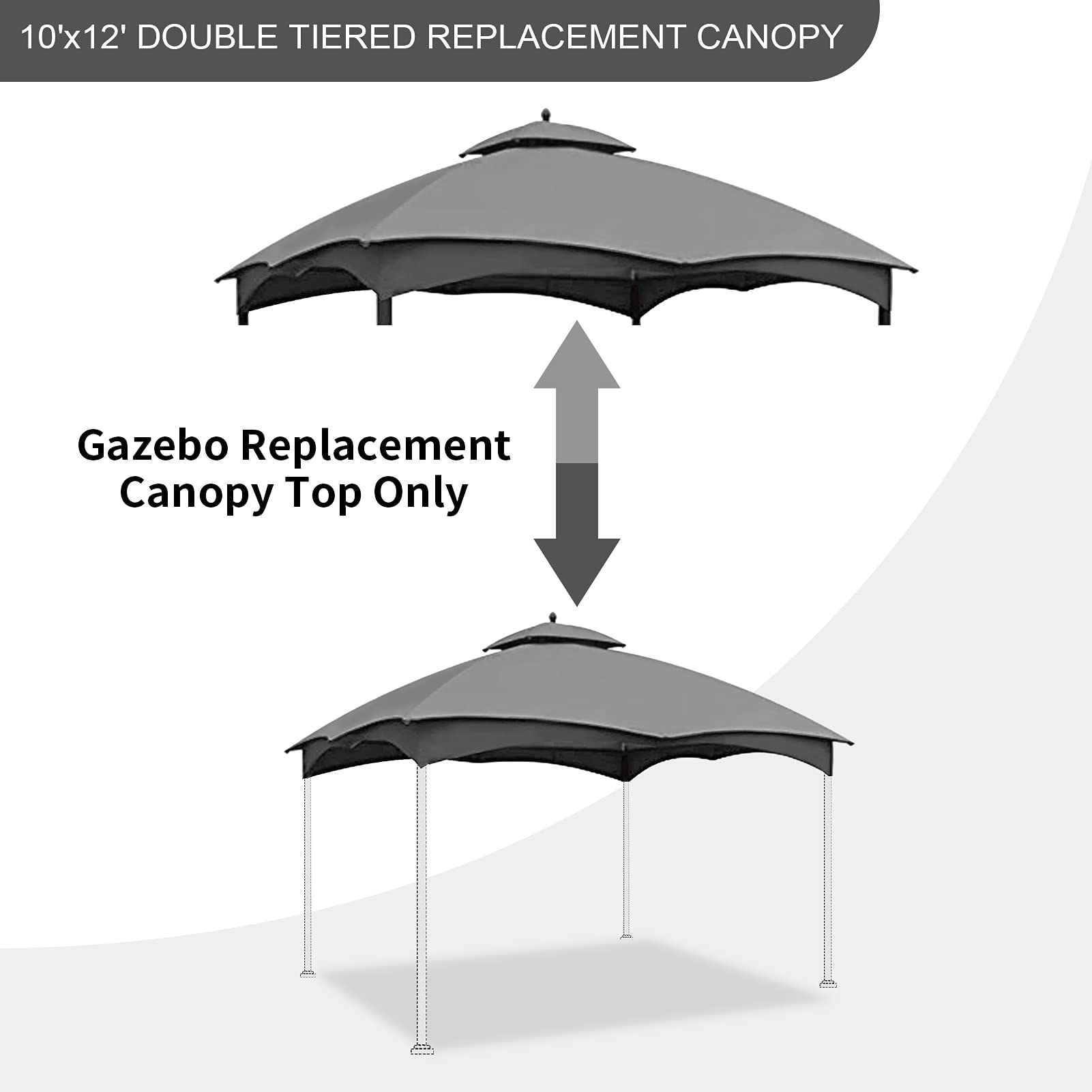 CoastShade Patio 10X12 Replacement Canopy Roof for Lowe's Allen Roth 10X12 Gazebo Backyard Double Top Gazebo #GF-12S004B-1(Gray)