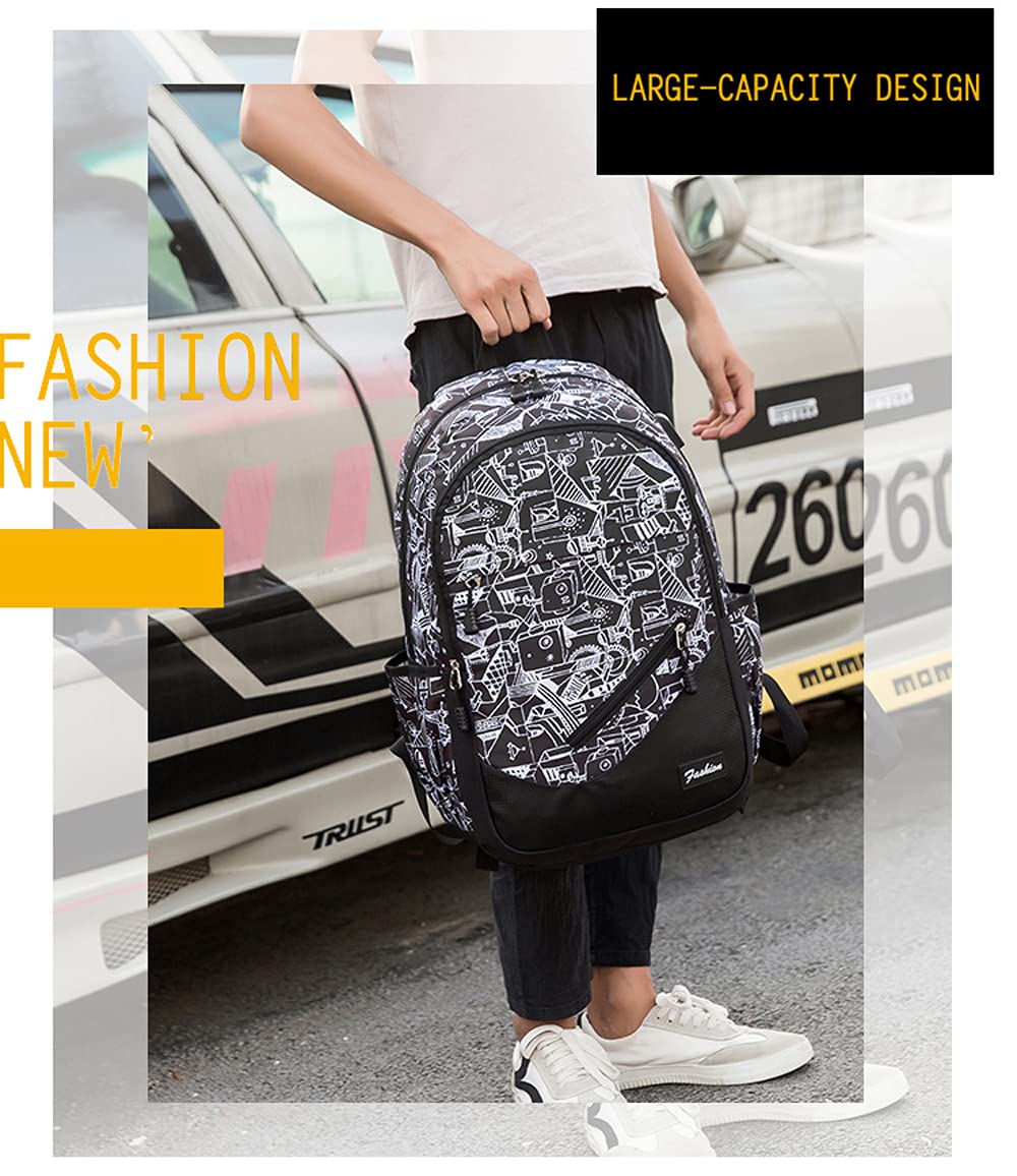 Ozmego Boys School Backpacks Midlle School College Bookbag for Teens Boys Girls (Black Print)