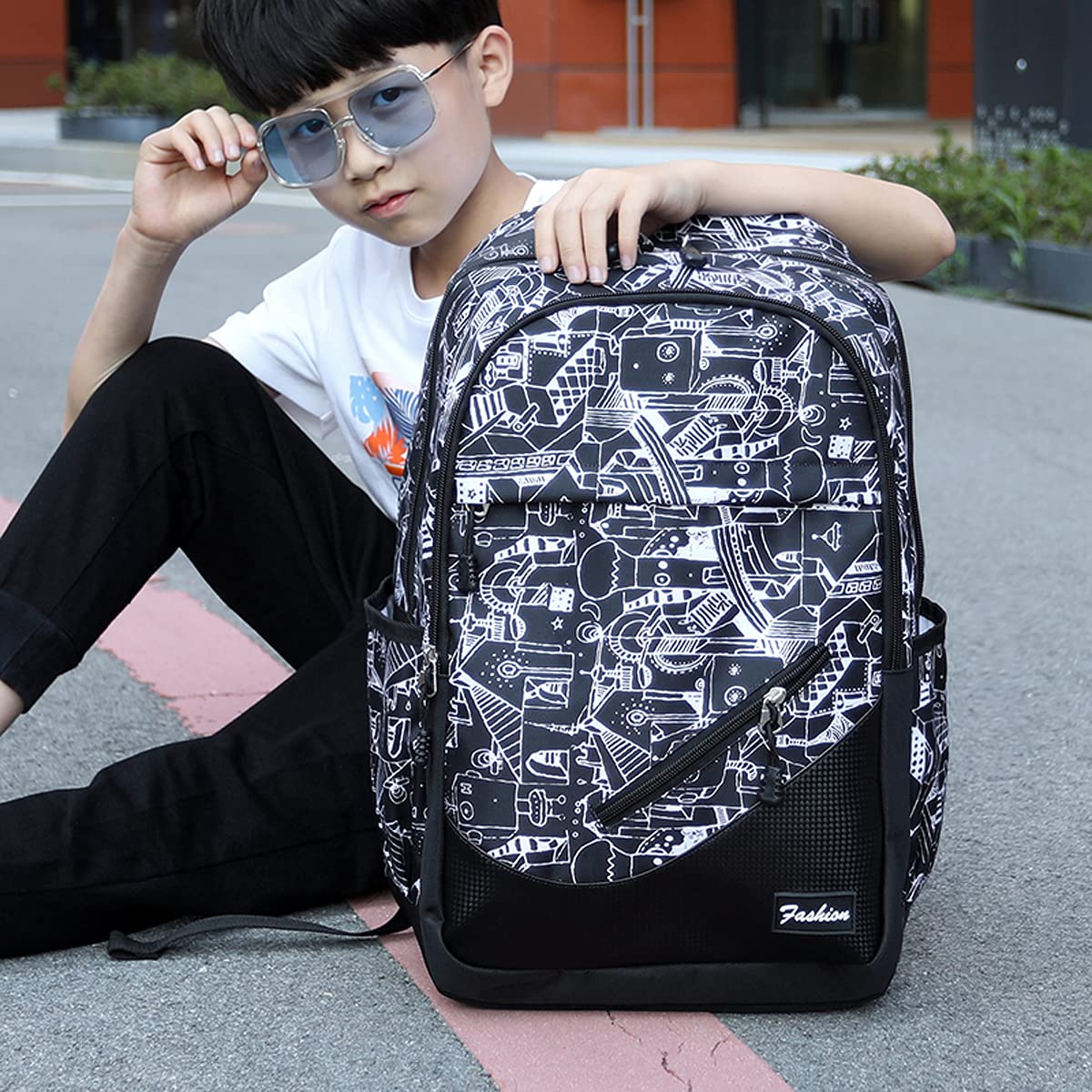 Ozmego Boys School Backpacks Midlle School College Bookbag for Teens Boys Girls (Black Print)