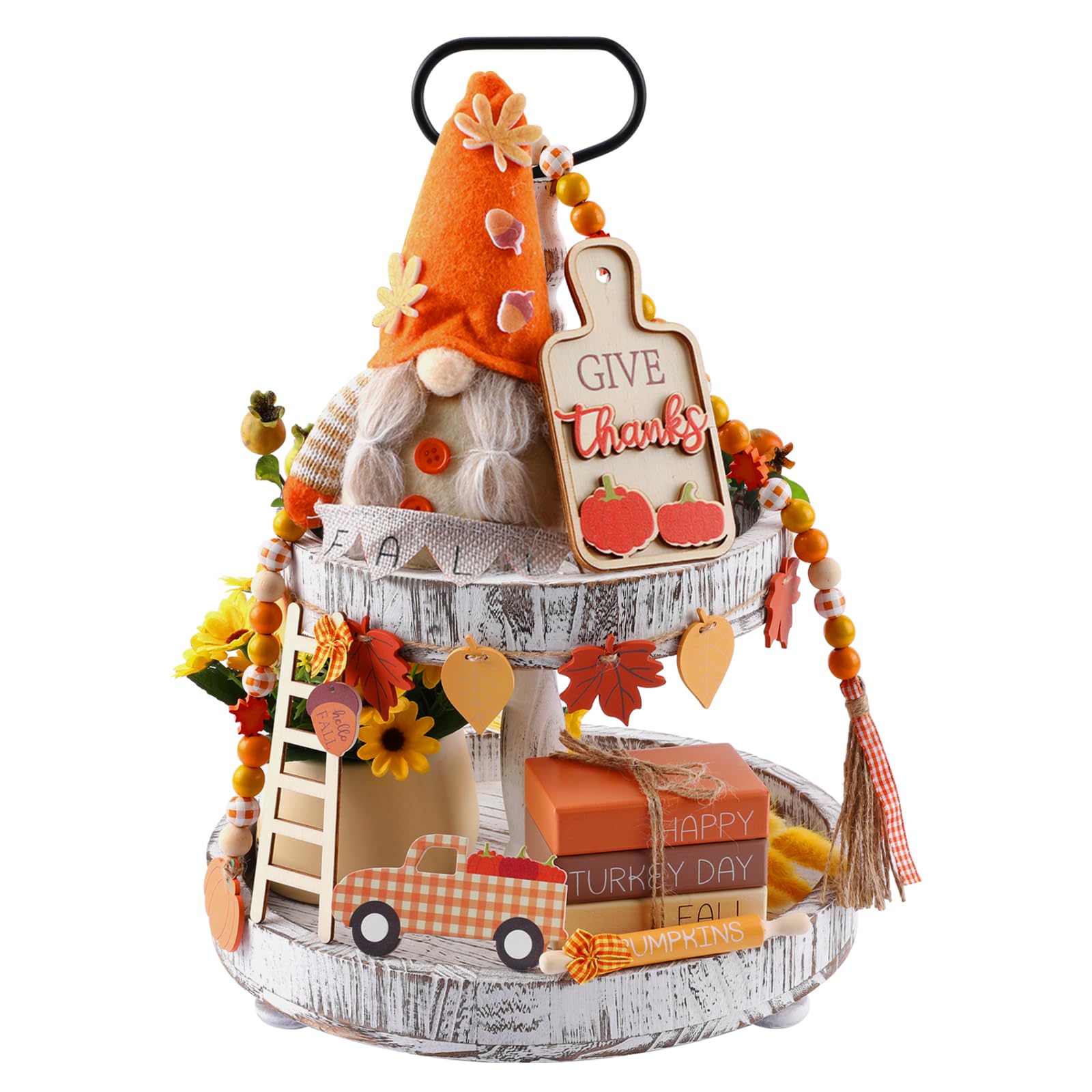 13 Pieces Fall Tiered Tray Decor Set Thanksgiving Pumpkin Tray Decor Faux Decorative Books Gnome Maple Leaves Truck Wooden Signs Rustic Farmhouse Fall Tabletop Decor for Autumn Thanksgiving