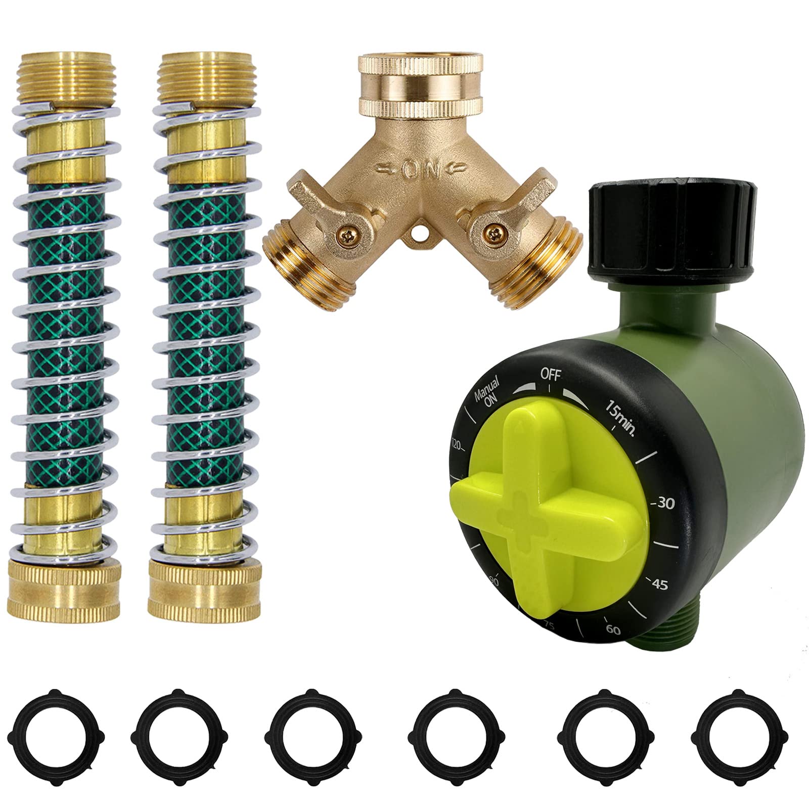 VankRing Garden Hose Y Splitters 2 Way Heavy Duty Brass 3/4" Water Splitter, Garden Water Timer, 2 Kink-Free Faucet Extension Hose Protector with 1 Set Garden Hose Quick Connectors