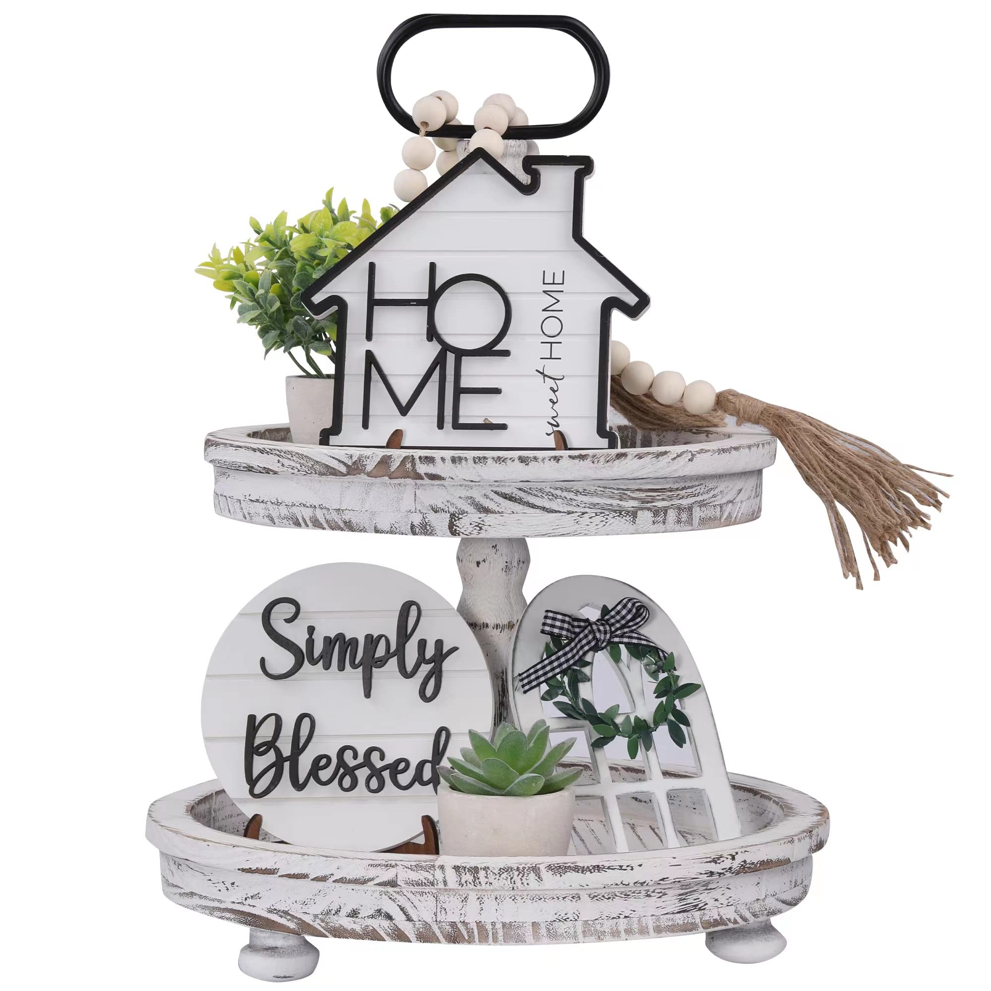 Houmury Set of 9 Farmhouse Tiered Tray with Tier Tray Decor 1 Artificial Succulent Plant & 1 Artificial Plant for Rustic Home Sweet Home Kitchen Decor Tier Tray Decor Set (Set of 9-with Tiered Tray)