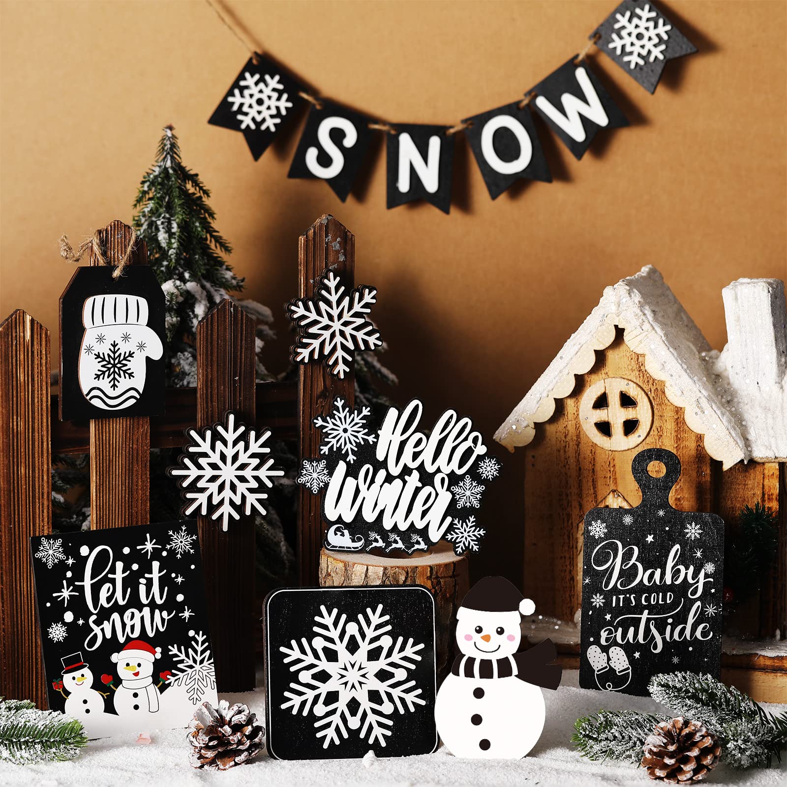 BBTO 14 Pcs Winter Tiered Tray Decor Black and White Snowflake Table Wood Decor Hello Winter Wood Blocks Signs for Home Decor(Classic Style)