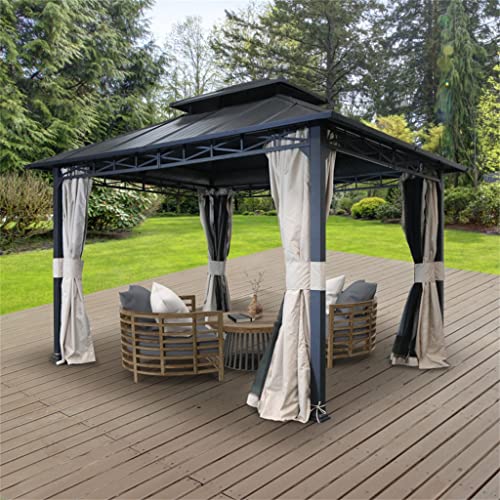 ADUH 12 Ft. X 10 Ft. Black 2-Tier Double Roof Metal Hard Top Gazebo with Curtains and Netting