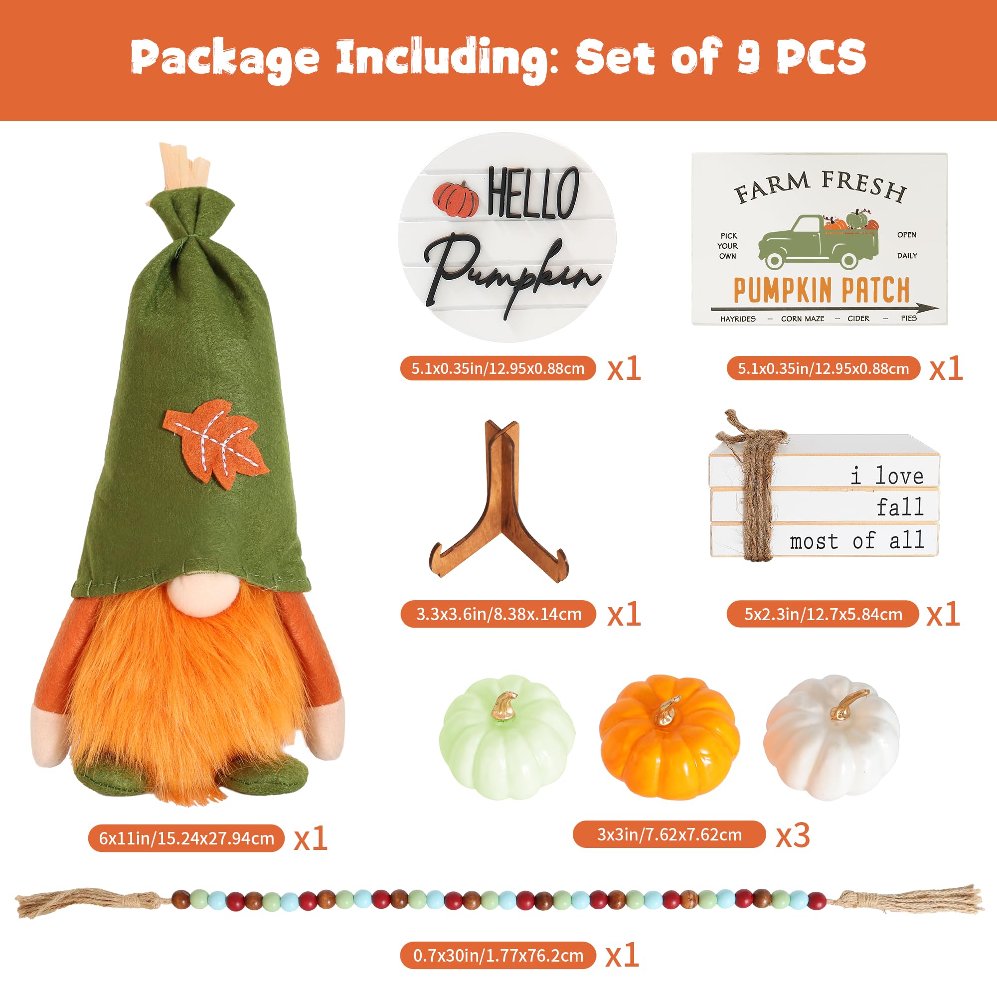 Liswit Set of 9 Fall Tiered Tray Decor with Gnome Book Stack Hello Pumpkin 3 Artificial Pumpkins & Bead for Autumn Halloween Thanksgiving Harvest Decoration Home Decor Set