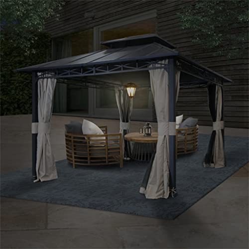 ADUH 12 Ft. X 10 Ft. Black 2-Tier Double Roof Metal Hard Top Gazebo with Curtains and Netting