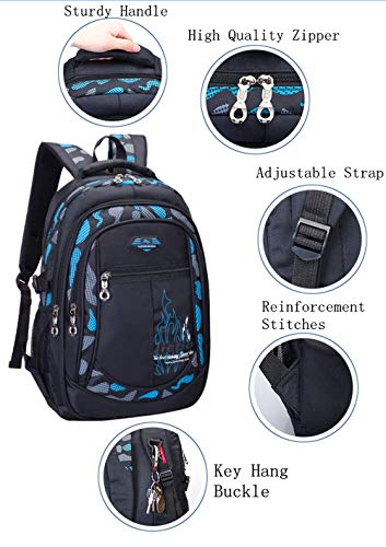 AM SeaBlue Backpack Boys Elementary School Bookbag Durable Heavy Duty Student Teenage Sturdy Kids Travel Waterproof Big (Black) Large