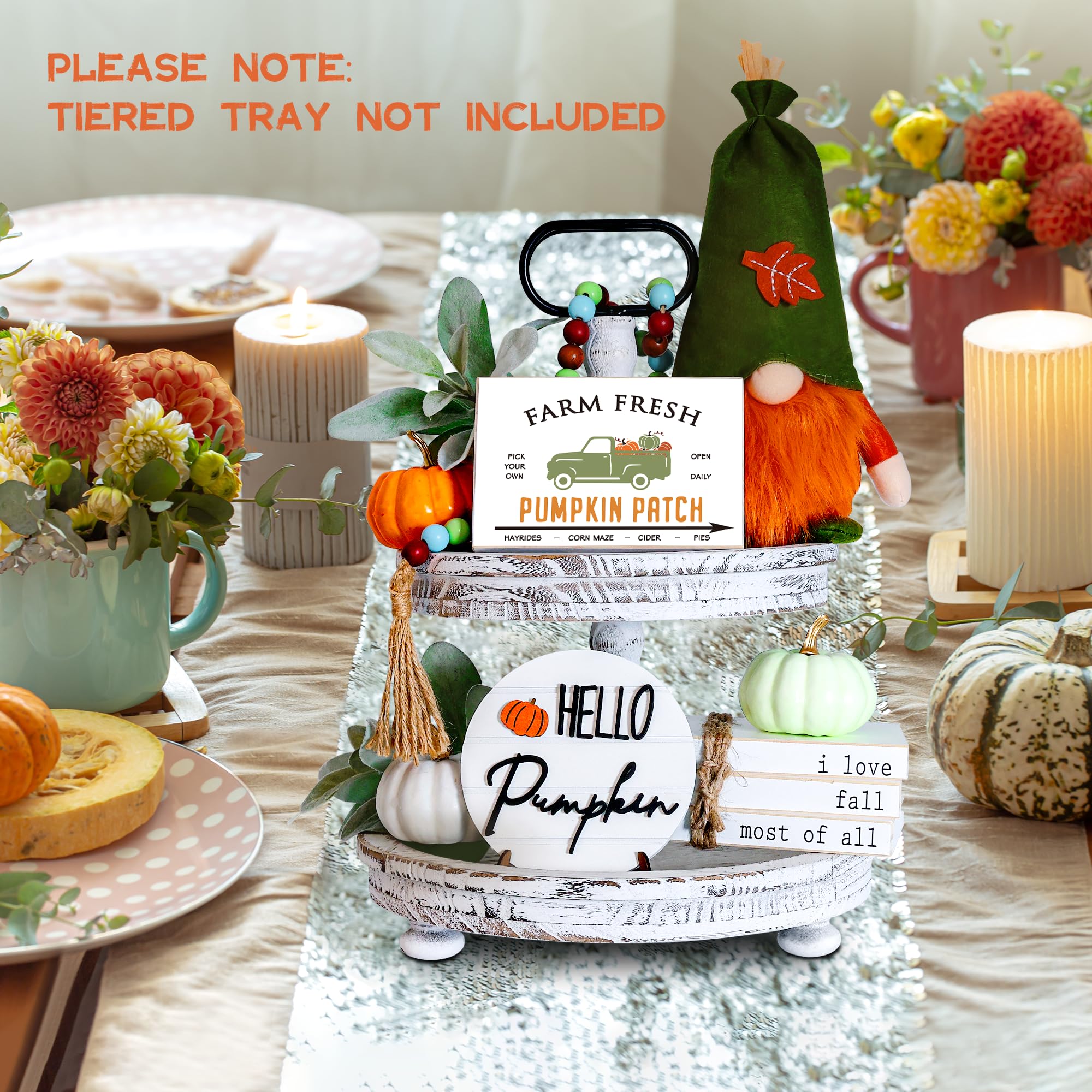 Liswit Set of 9 Fall Tiered Tray Decor with Gnome Book Stack Hello Pumpkin 3 Artificial Pumpkins & Bead for Autumn Halloween Thanksgiving Harvest Decoration Home Decor Set