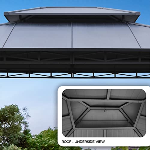 ADUH 12 Ft. X 10 Ft. Black 2-Tier Double Roof Metal Hard Top Gazebo with Curtains and Netting