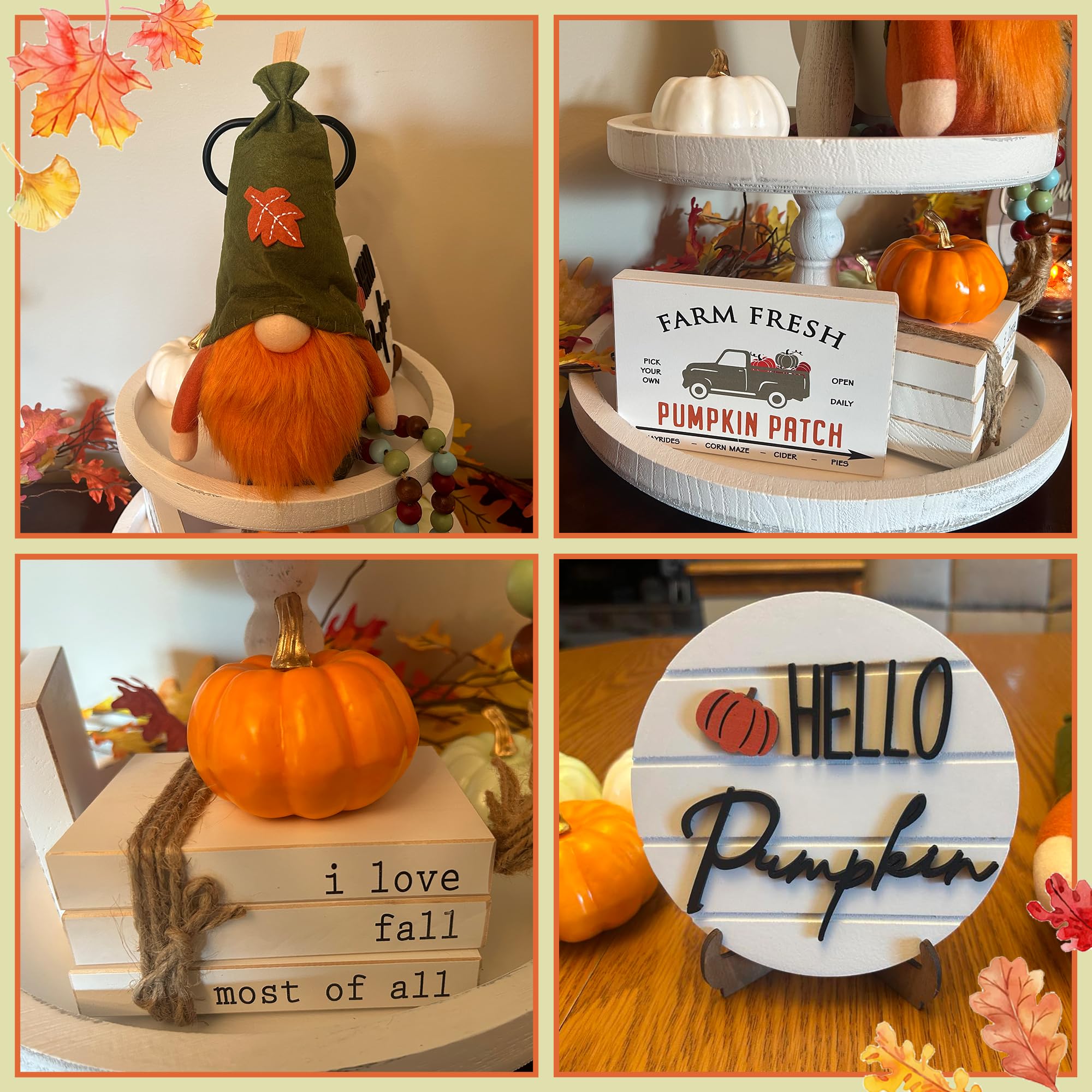 Liswit Set of 9 Fall Tiered Tray Decor with Gnome Book Stack Hello Pumpkin 3 Artificial Pumpkins & Bead for Autumn Halloween Thanksgiving Harvest Decoration Home Decor Set