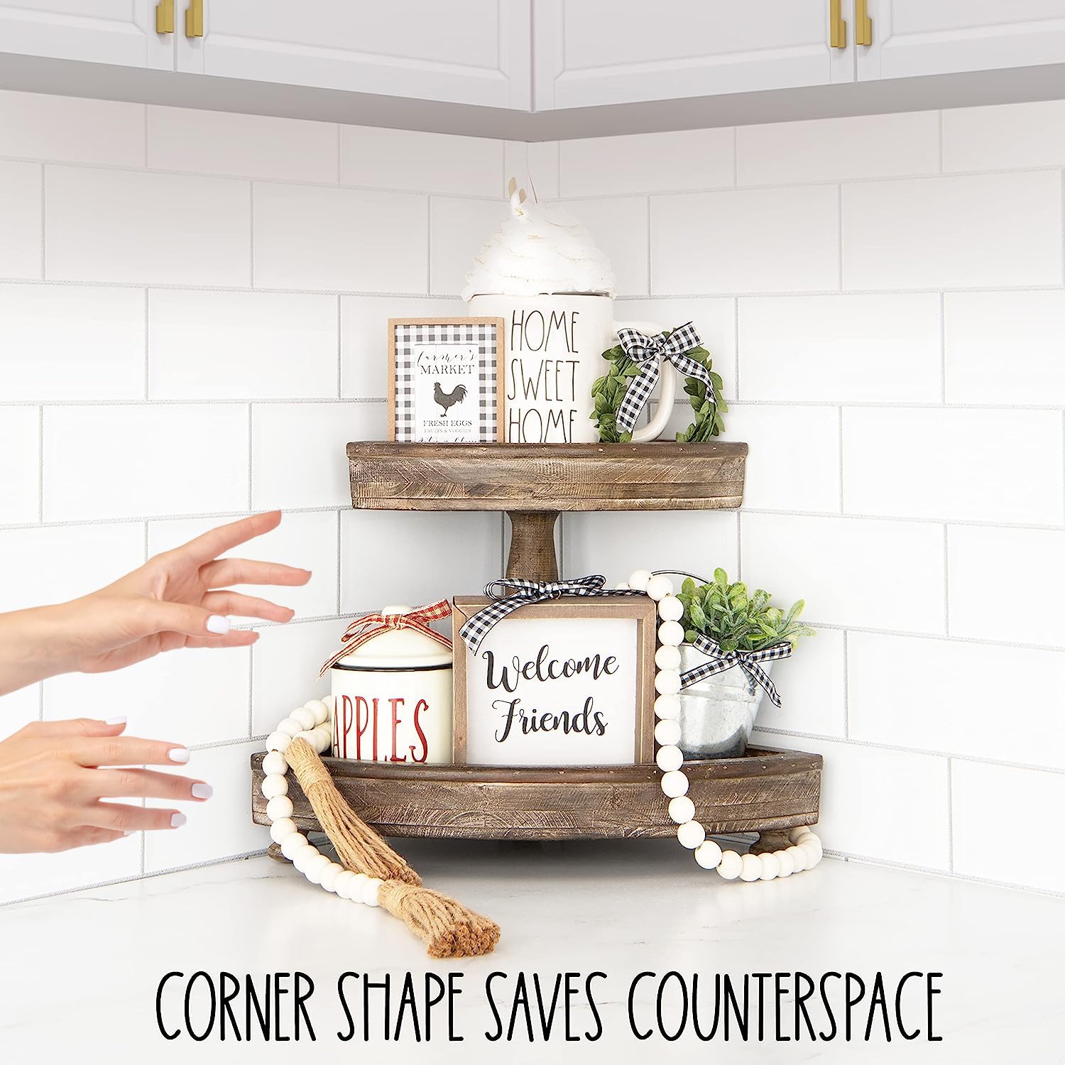 Corner Round Tiered Tray Stand 2 Tier Tray Stand Small Farmhouse Kitchen Decor Coffee Corner Counter Shelf Kitchen Counter Farmhouse Decor Rustic Home Decor Brown Wood Wooden Two Tiered Tray Decor