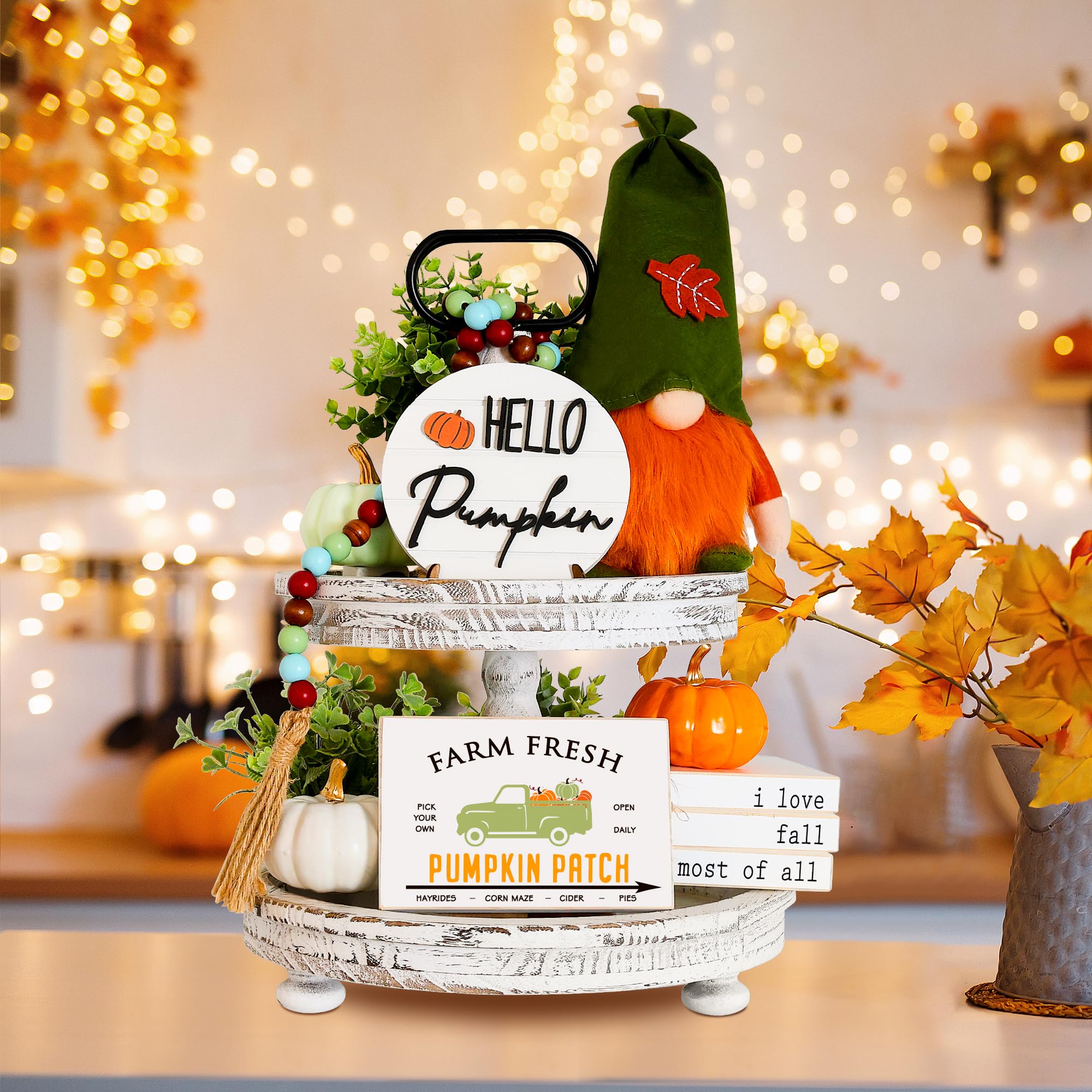 Liswit Set of 9 Fall Tiered Tray Decor with Gnome Book Stack Hello Pumpkin 3 Artificial Pumpkins & Bead for Autumn Halloween Thanksgiving Harvest Decoration Home Decor Set