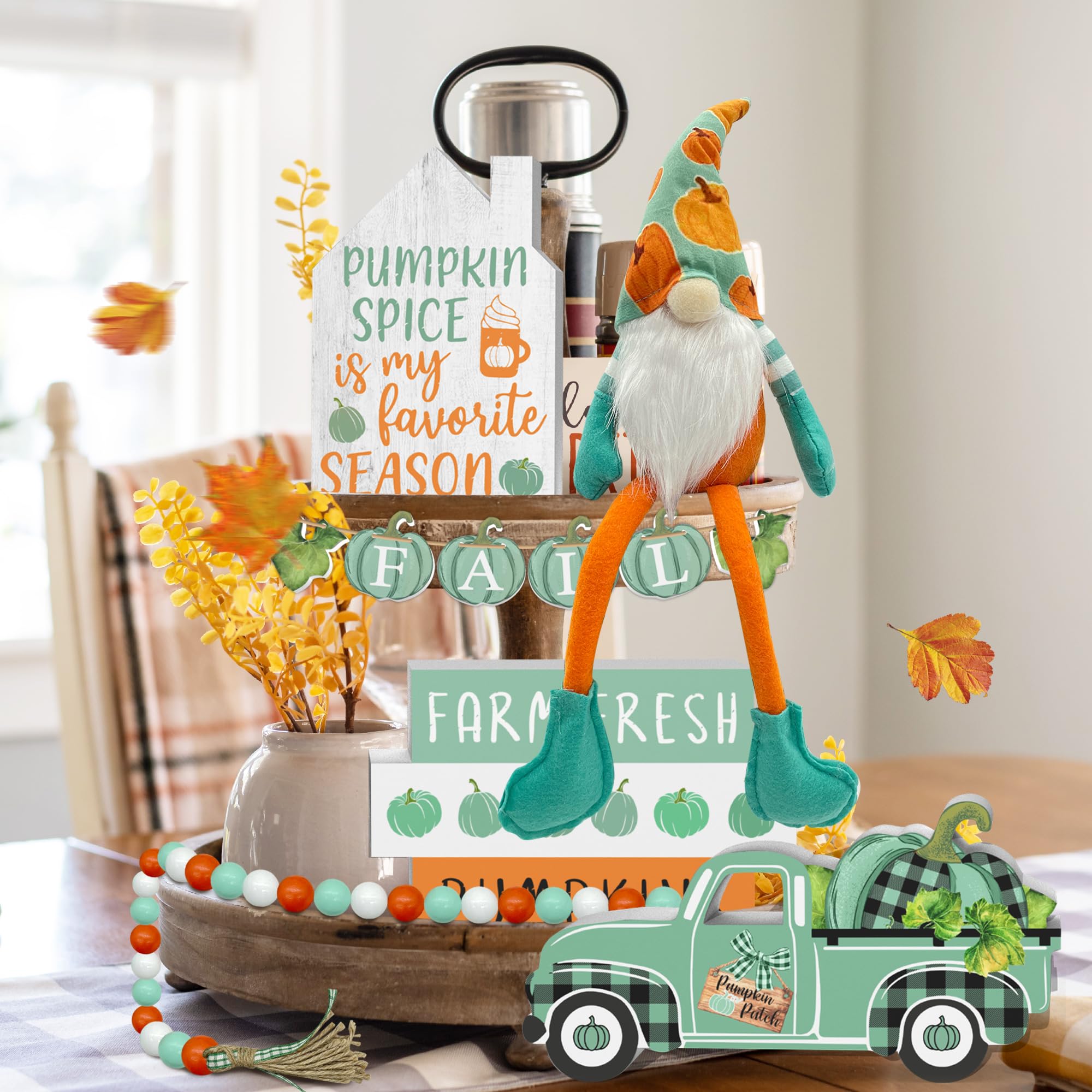 cocomong Fall Tiered Tray Decor, Fall Decor - Farmhouse Decorations for Home, Hello Fall Pumpkin Wood Sign Set of 3 Kitchen Table Decor, Maple Leaf Wooden Block Autumn Fall Decorative Supplies
