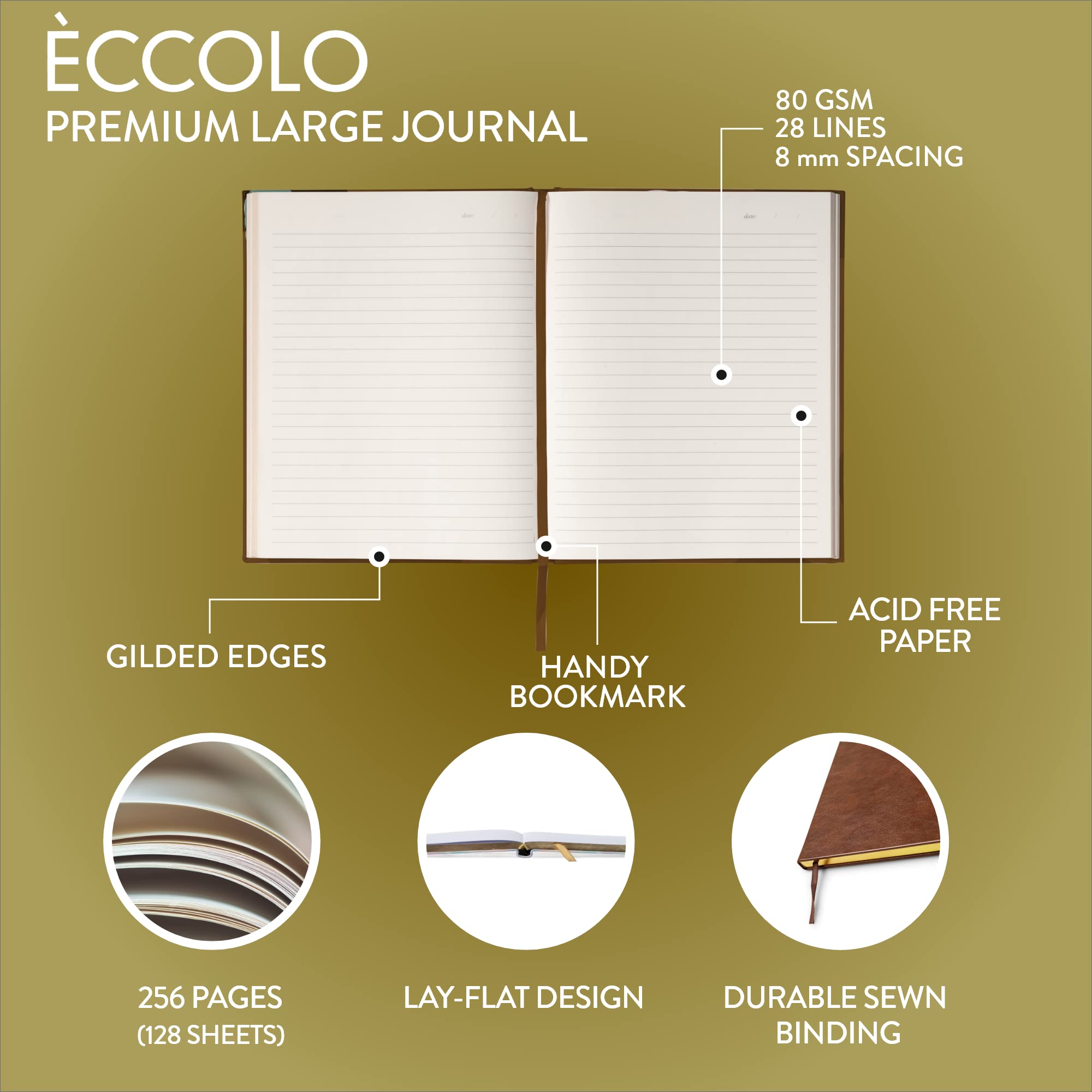 Eccolo Large Lined Journal Notebook, Hardbound Cover, Writing Journal, 256 Ruled Ivory Pages, Gilded Edge, Ribbon Bookmark, Lay Flat, Desk Size for Work or School (Brown Leatherette, 8x10 inches)