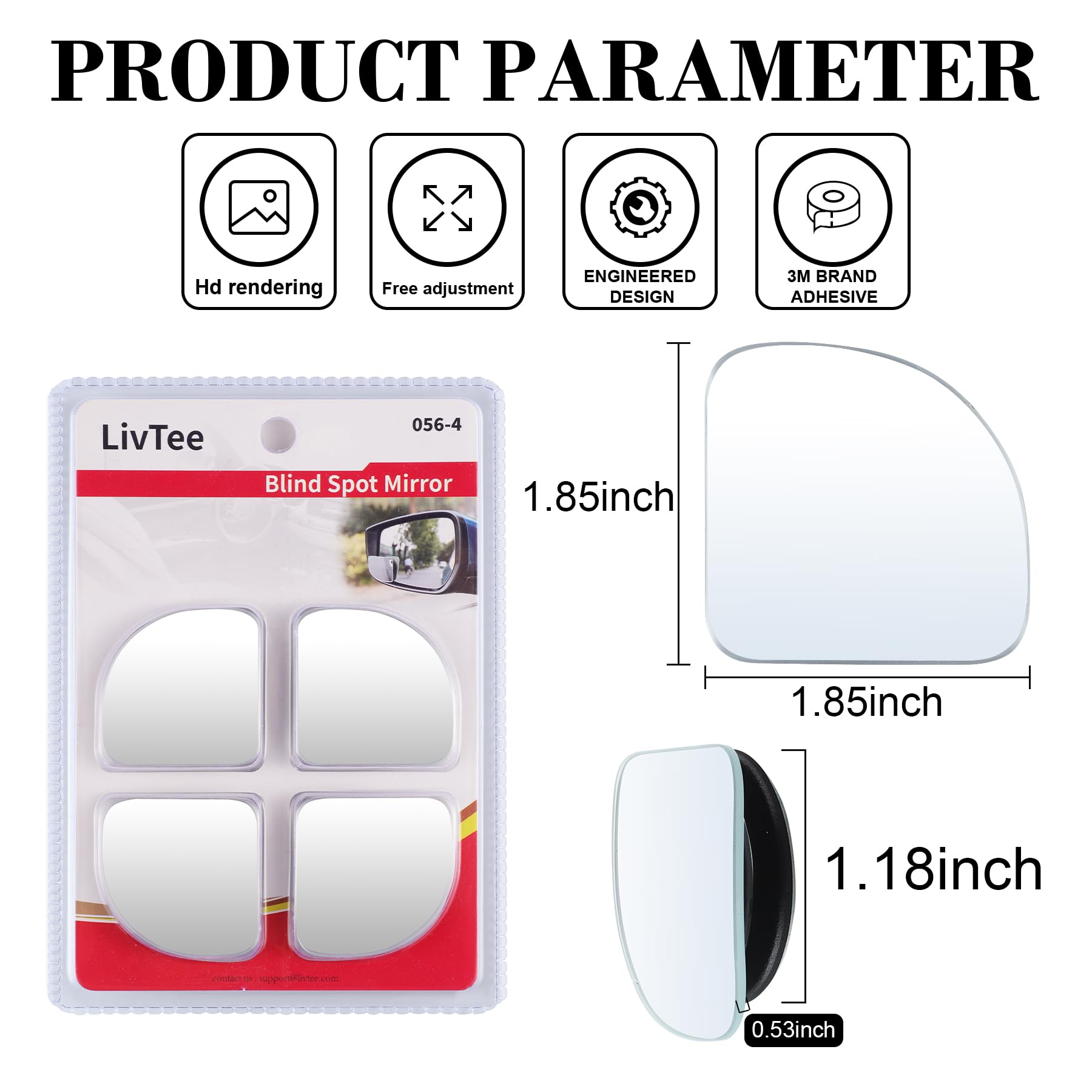 LivTee Blind Spot Mirror, Fan HD Glass Frameless Convex Rear View Mirror with wide angle Adjustable Stick for Cars SUV and Trucks, Pack of 4