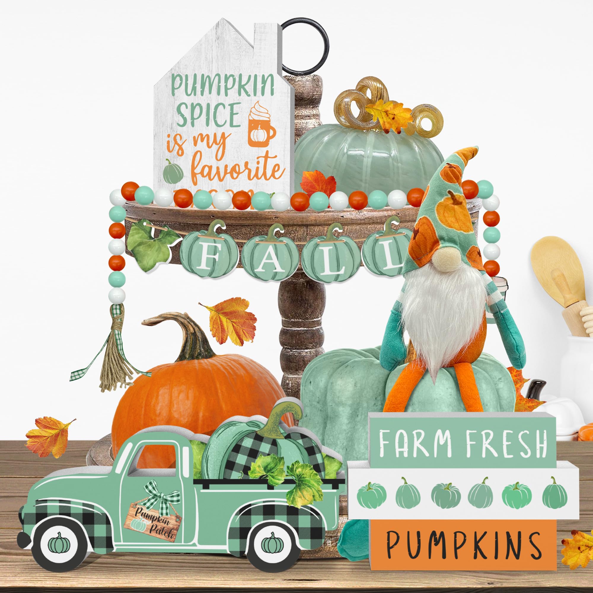 cocomong Fall Tiered Tray Decor, Fall Decor - Farmhouse Decorations for Home, Hello Fall Pumpkin Wood Sign Set of 3 Kitchen Table Decor, Maple Leaf Wooden Block Autumn Fall Decorative Supplies