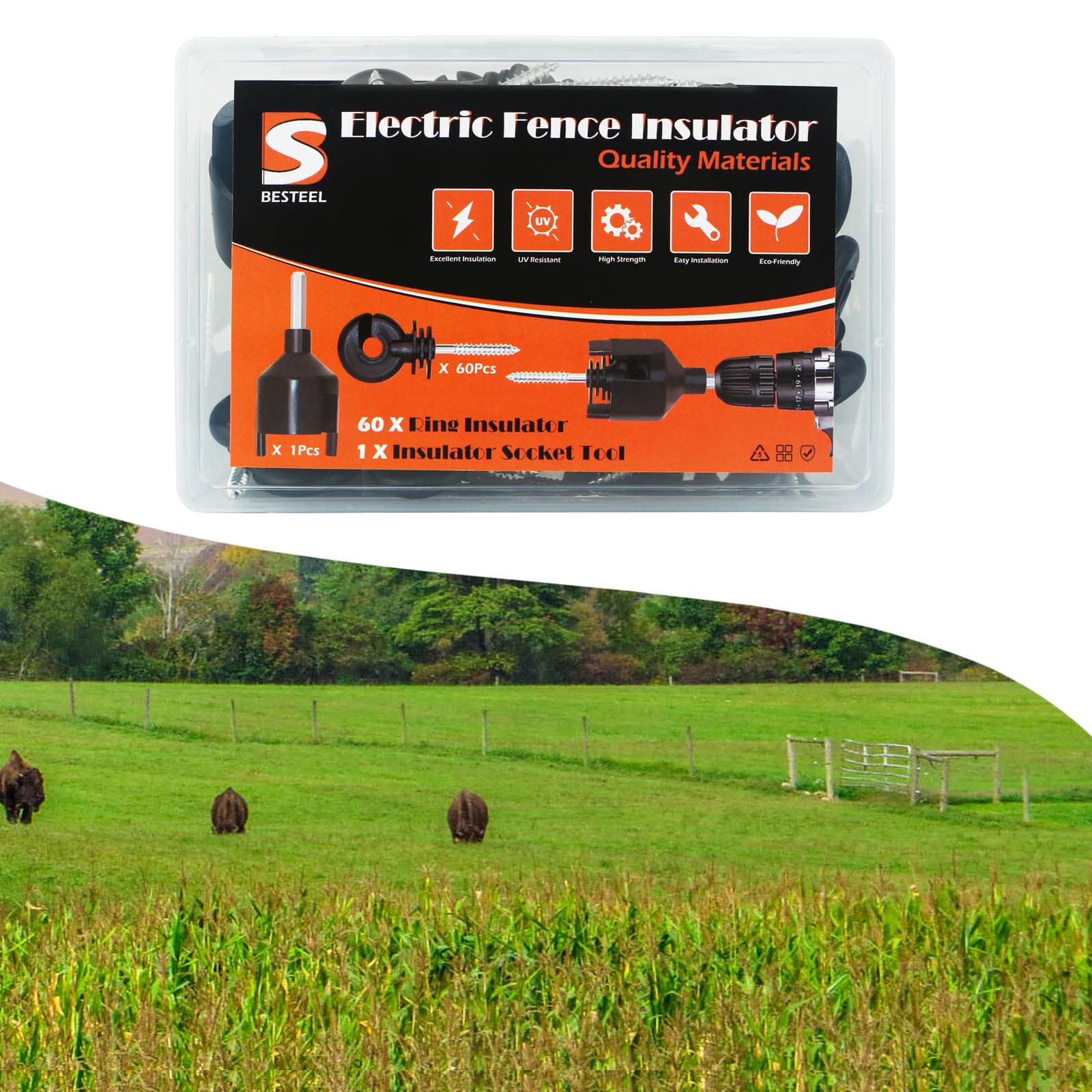 60 Pcs Black Electric Fence Insulator Screw-in Insulator Fence Ring Post Wood Post Insulator and 1 Pc Free Insulator Socket Tool