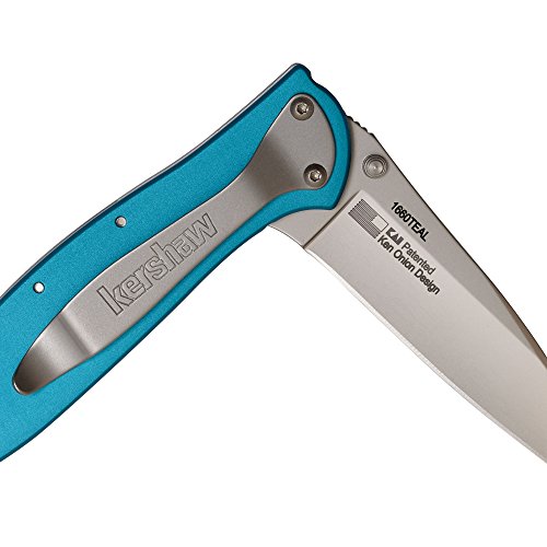 Kershaw Leek, Teal Pocket Knife (1660TEAL); 3” Bead-Blasted High-Performance Sandvik 14C28N Steel Blade, Teal Anodized Aluminum Handle, SpeedSafe Assisted Opening, Liner Lock, Tip-Lock Slider; 2.4 OZ