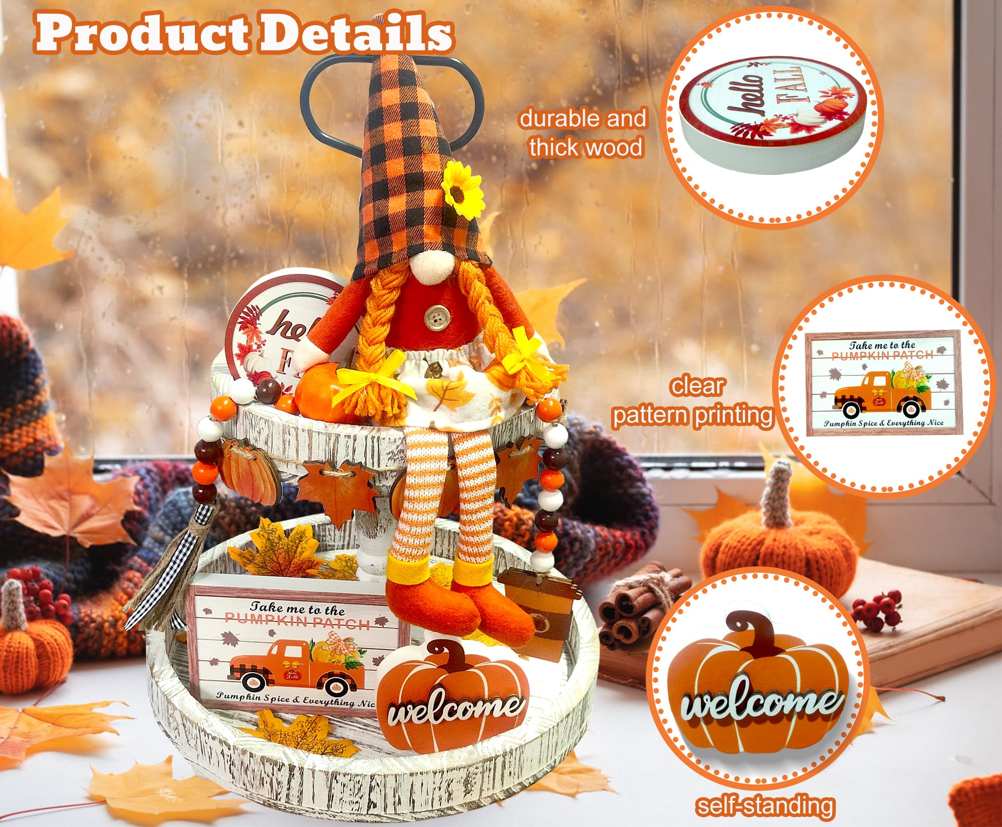 Thanksgiving Tiered Tray Decorations Set - 11pcs Wooden Sign Fall Tiered Tray Decor - Gnome Fall Tiered Tray Decor Pumpkin for Kitchen Table Fireplace Mantle Rustic