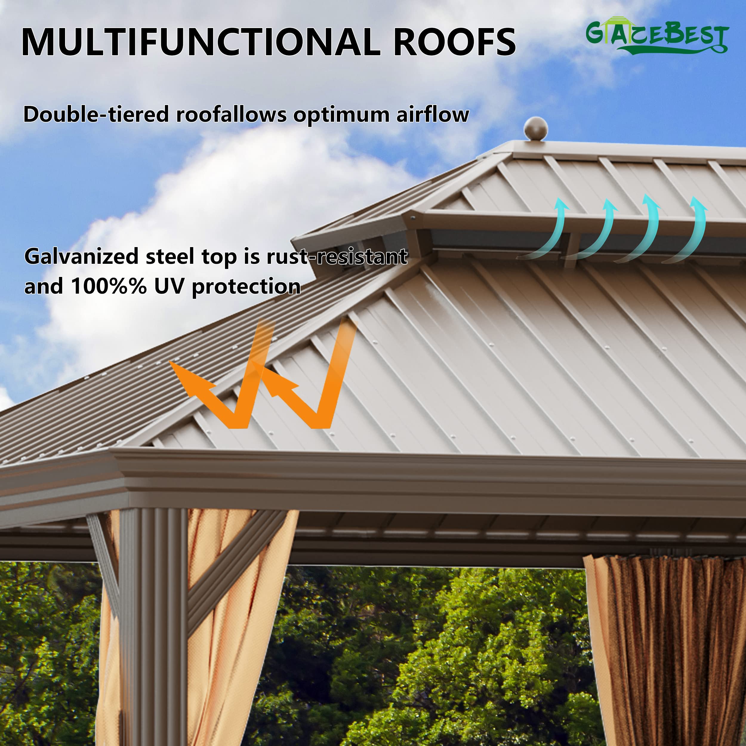 GAZEBEST 12' X 16' Hardtop Gazebo, Outdoor Galvanized Steel Double Roof Permanent Aluminum Frame Pavilion Pergola Canopy with Privacy Curtains for Garden, Patio, Backyard, Deck and Lawns.