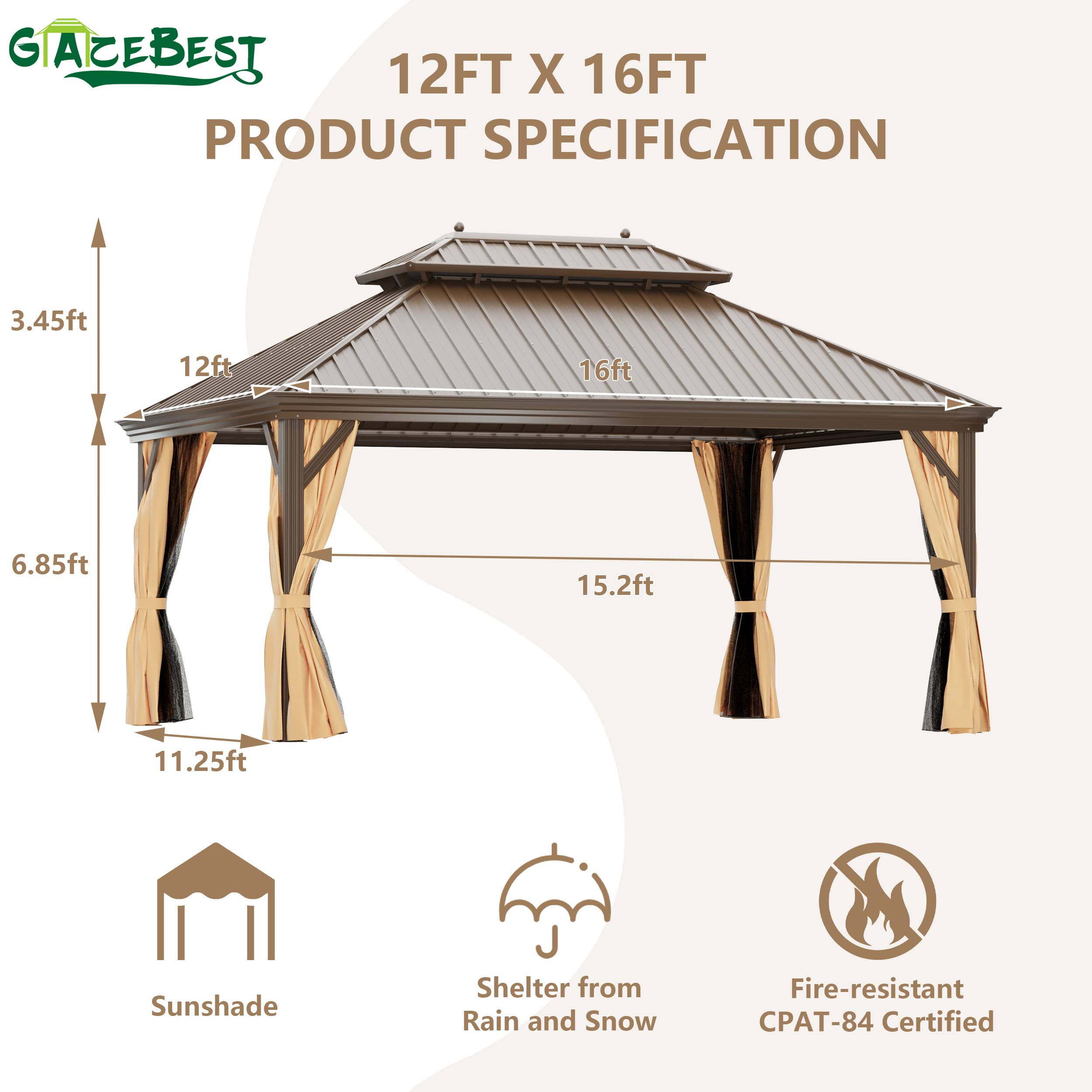GAZEBEST 12' X 16' Hardtop Gazebo, Outdoor Galvanized Steel Double Roof Permanent Aluminum Frame Pavilion Pergola Canopy with Privacy Curtains for Garden, Patio, Backyard, Deck and Lawns.