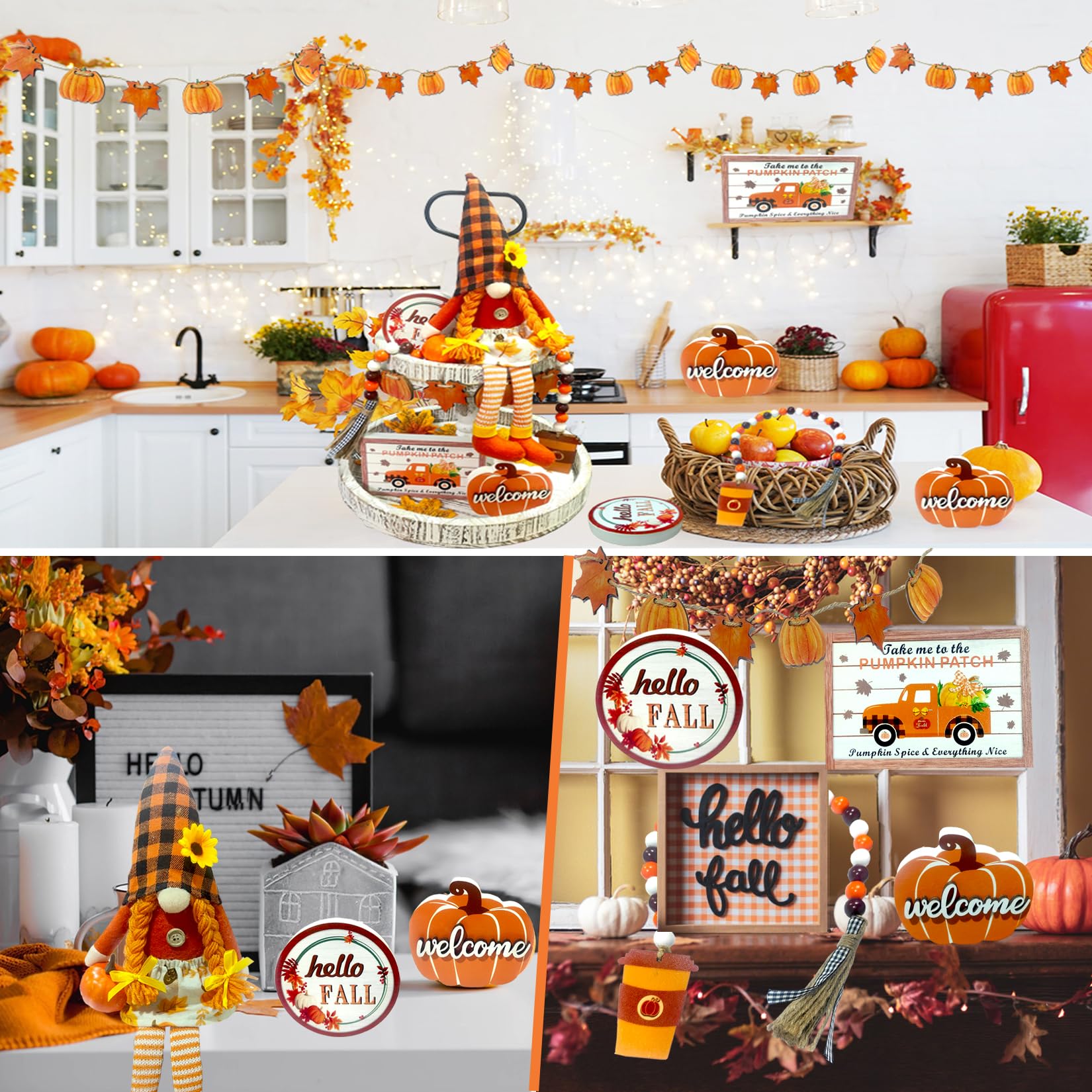 Thanksgiving Tiered Tray Decorations Set - 11pcs Wooden Sign Fall Tiered Tray Decor - Gnome Fall Tiered Tray Decor Pumpkin for Kitchen Table Fireplace Mantle Rustic