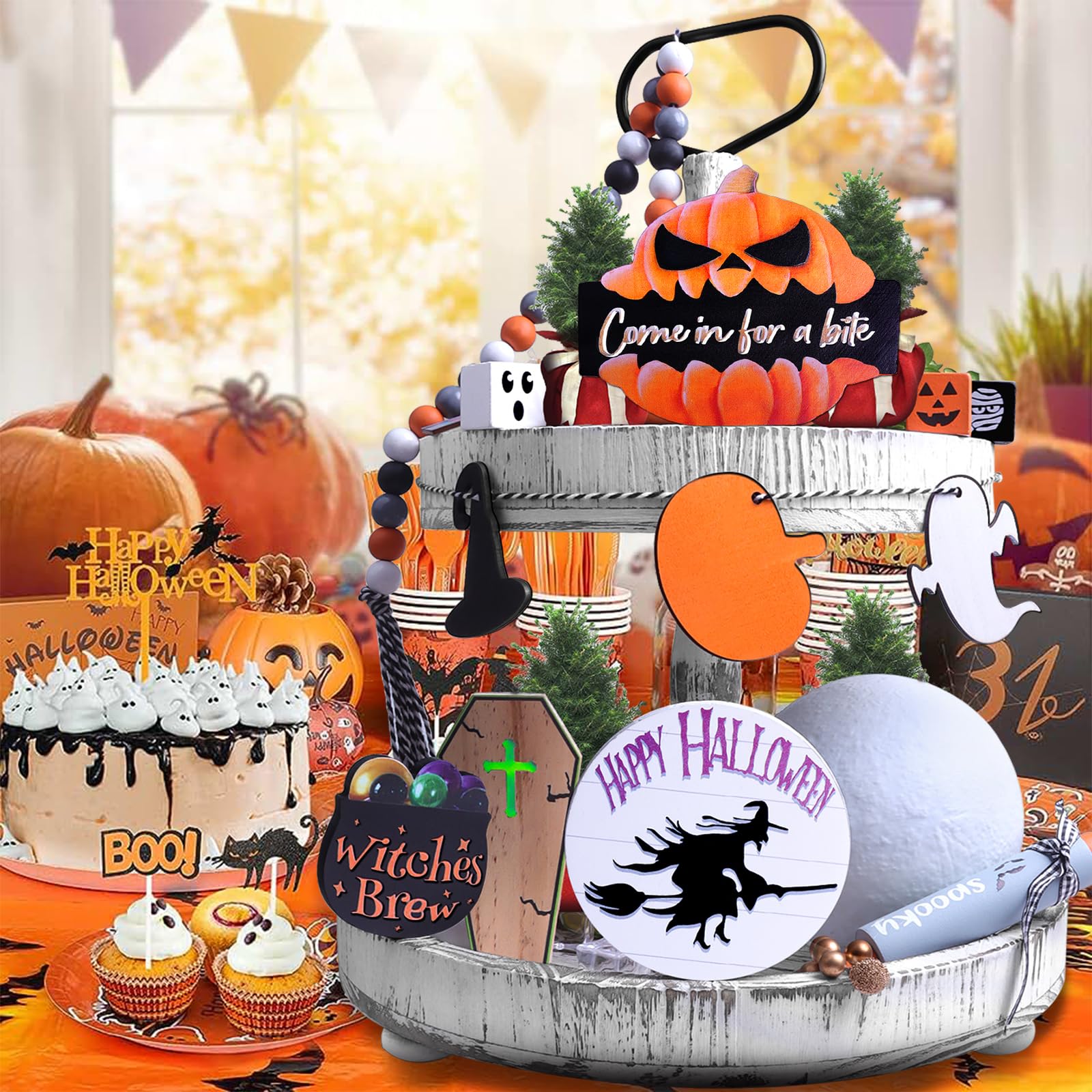 FEEIN Halloween Tiered Tray Decor Set Halloween Wooden Signs Fall Pumpkin Tiered Tray Decoration Items for Indoor Home Table House Room Kitchen Party