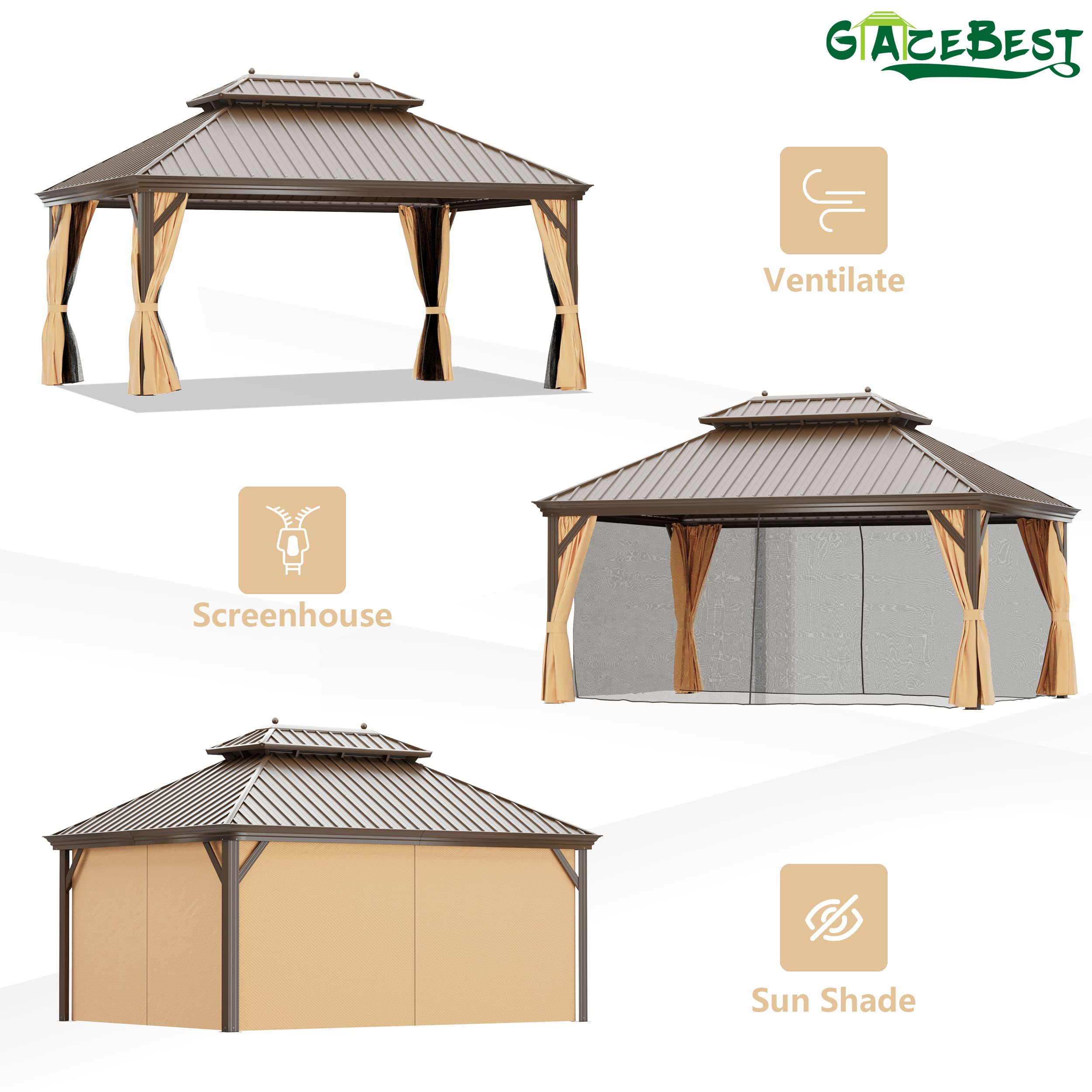 GAZEBEST 12' X 16' Hardtop Gazebo, Outdoor Galvanized Steel Double Roof Permanent Aluminum Frame Pavilion Pergola Canopy with Privacy Curtains for Garden, Patio, Backyard, Deck and Lawns.