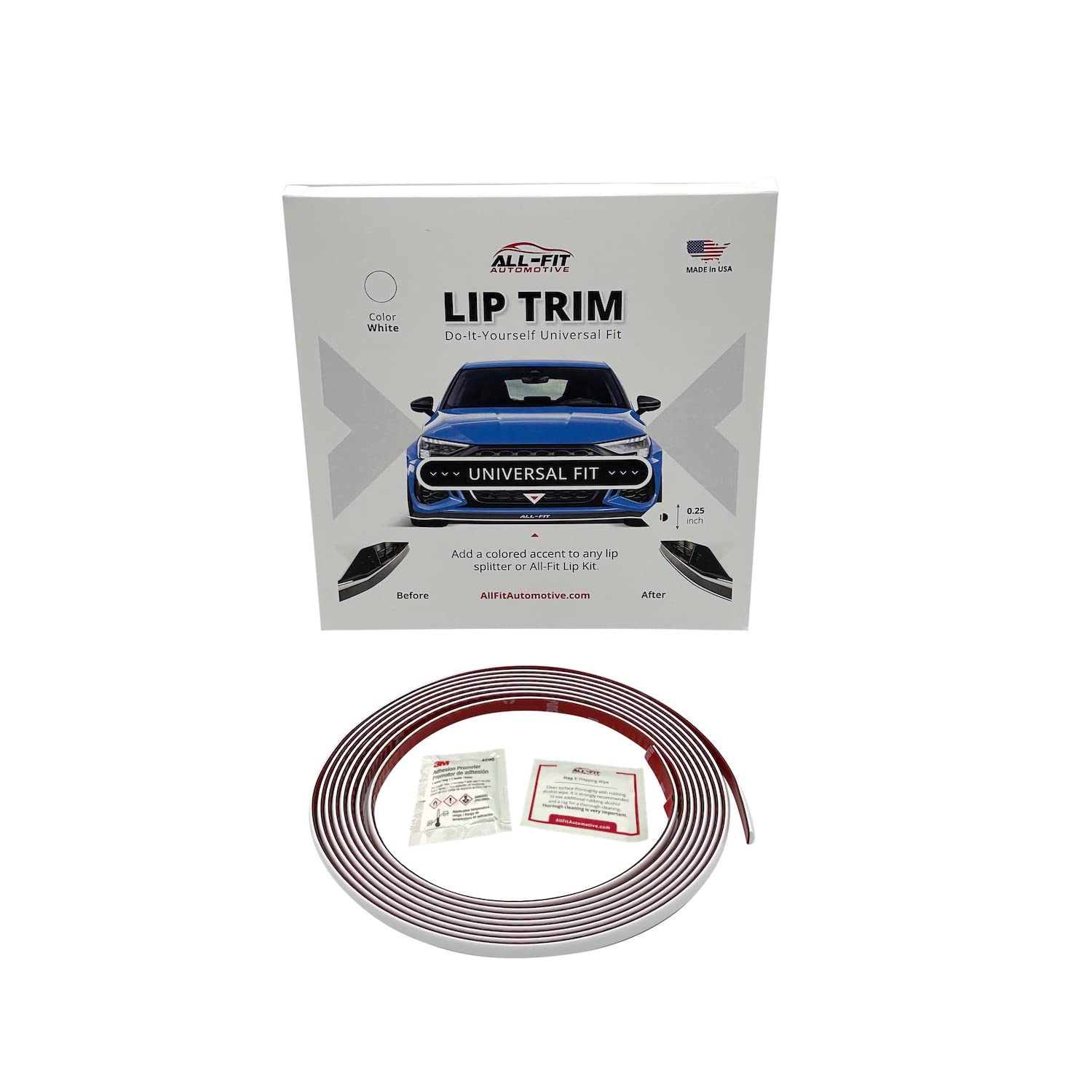 All-Fit Automotive Lip Trim – Universal Fit for Style & Protection – Durable Accent for Splitters, Air Dams, & Spoilers – Easy-to-Install Automotive Exterior Accessories (¼” W x 10’ L, White)